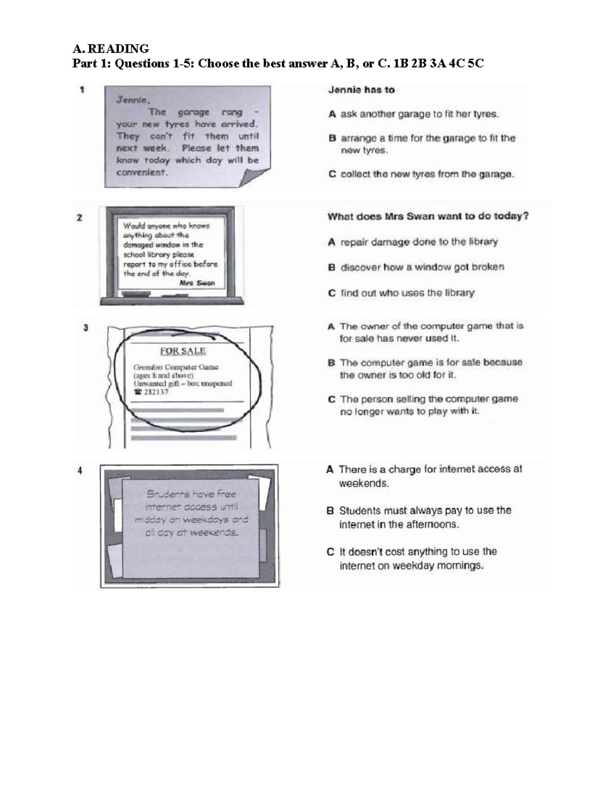 Practice 2 - 11111 - A. READING Part 1: Questions 1-5: Choose the best ...