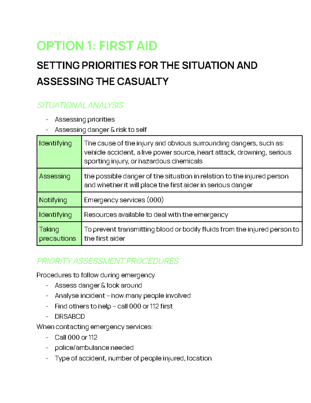 Option 1 First AID - OPTION 1: FIRST AID SETTING PRIORITIES FOR THE ...