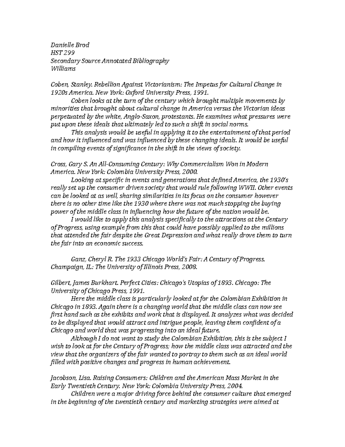 Secondary Source Annotated Bibliography - Danielle Brod HST 299 ...