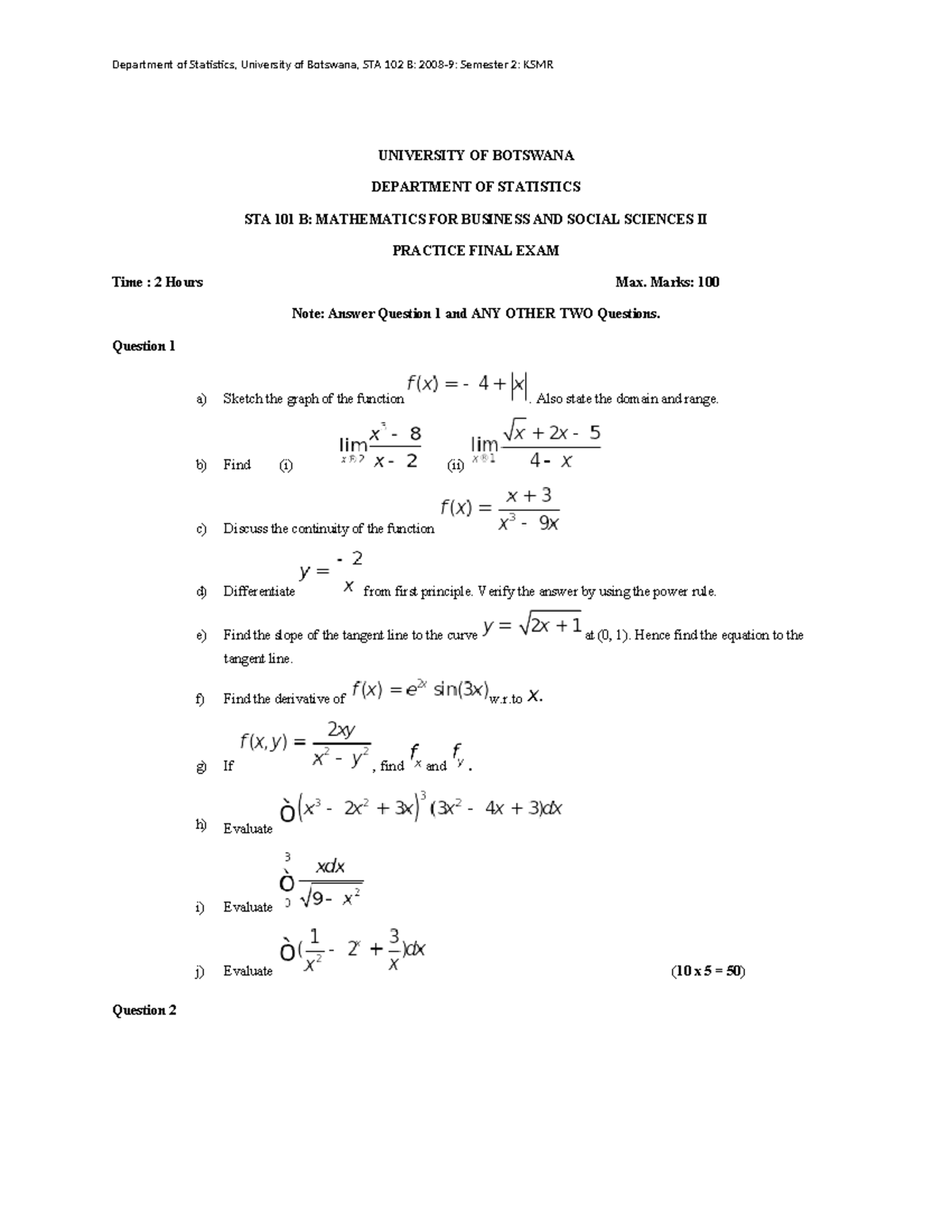 Practice Exam - Department of Statistics, University of Botswana, STA ...