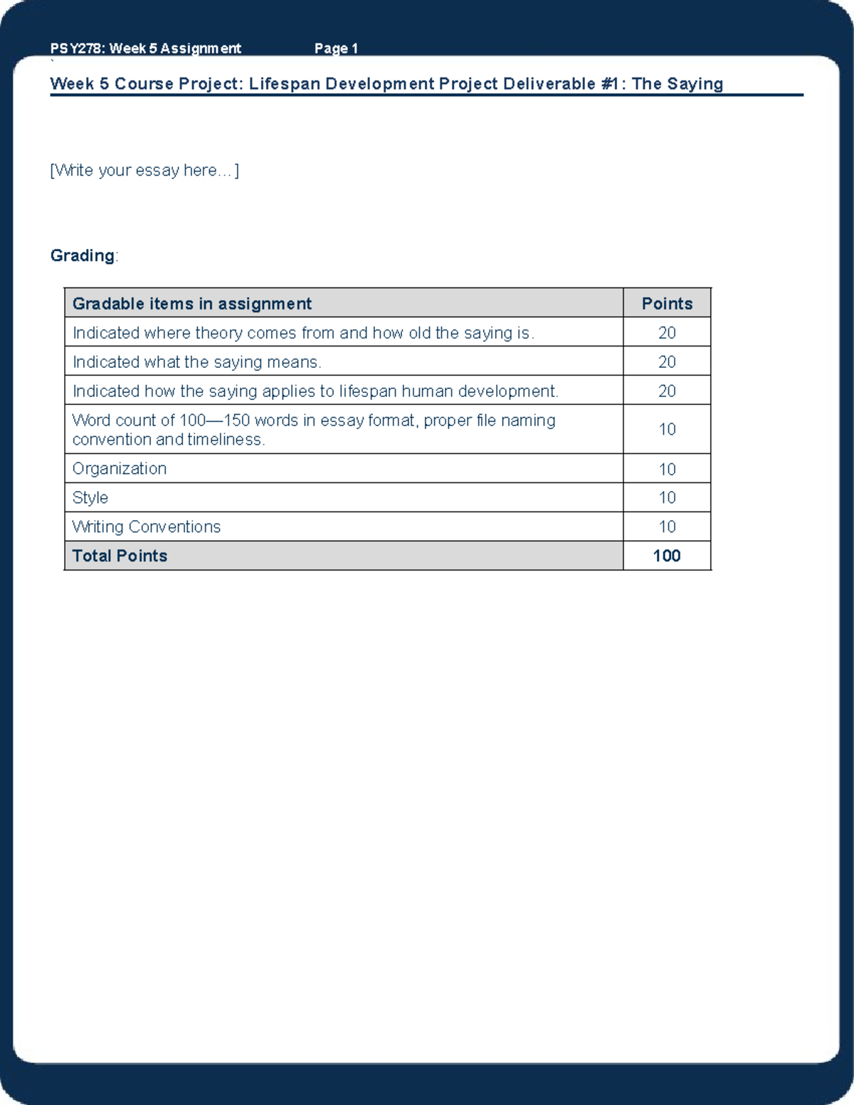 PSY278 H Wk5 Project 1 - PSY278: Week 5 Assignment Page 1 ` Week 5 ...
