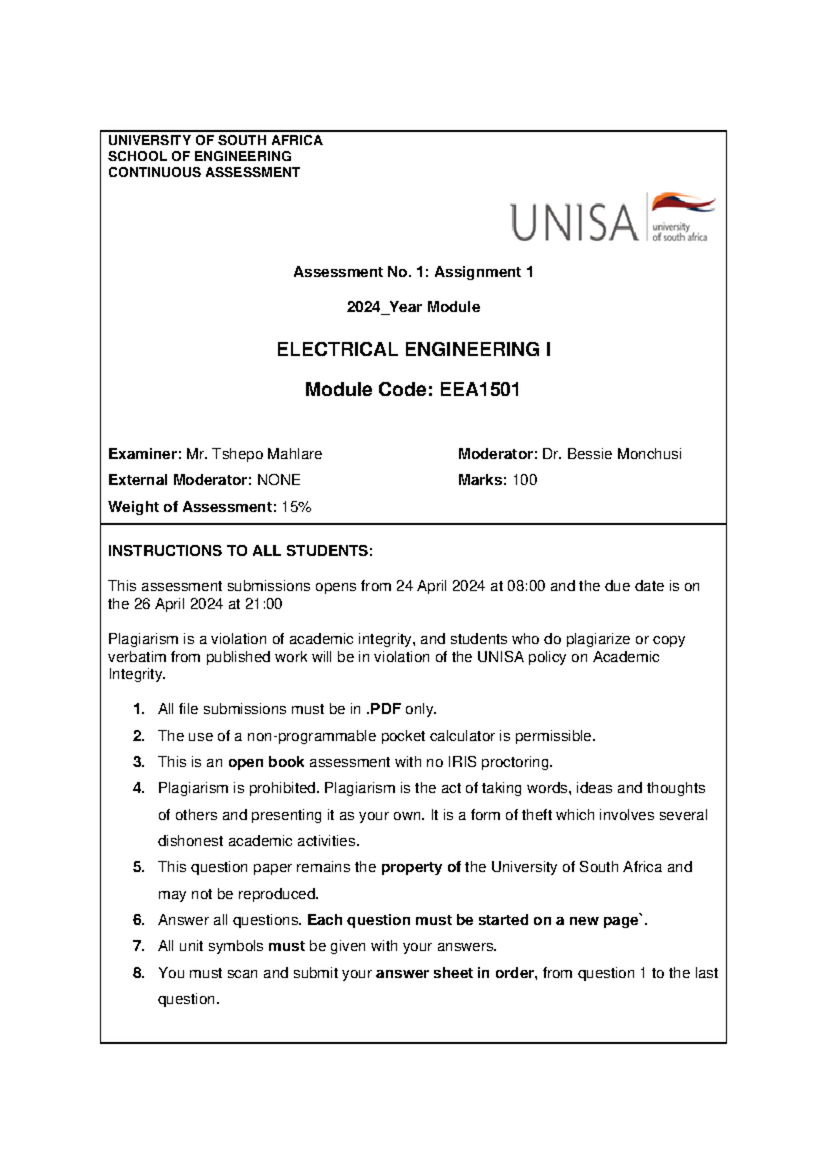 EEA1501 Assignment 1 2bd37f2d6ffaa33c7ab3638484911 240424 212822 - UNIVERSITY OF SOUTH AFRICA ...