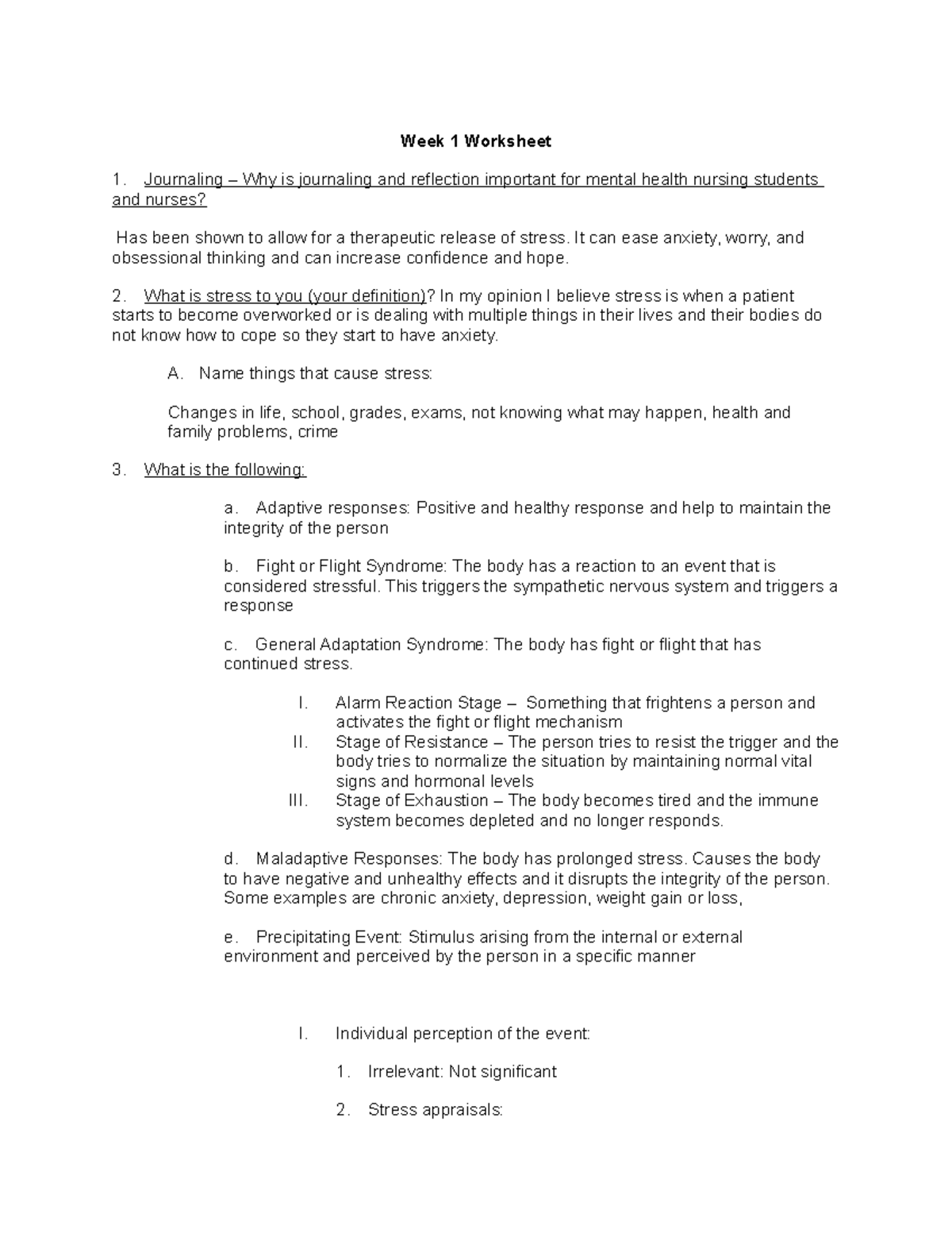 Week 1 Worksheet Mental Health (completed) - Week 1 Worksheet ...