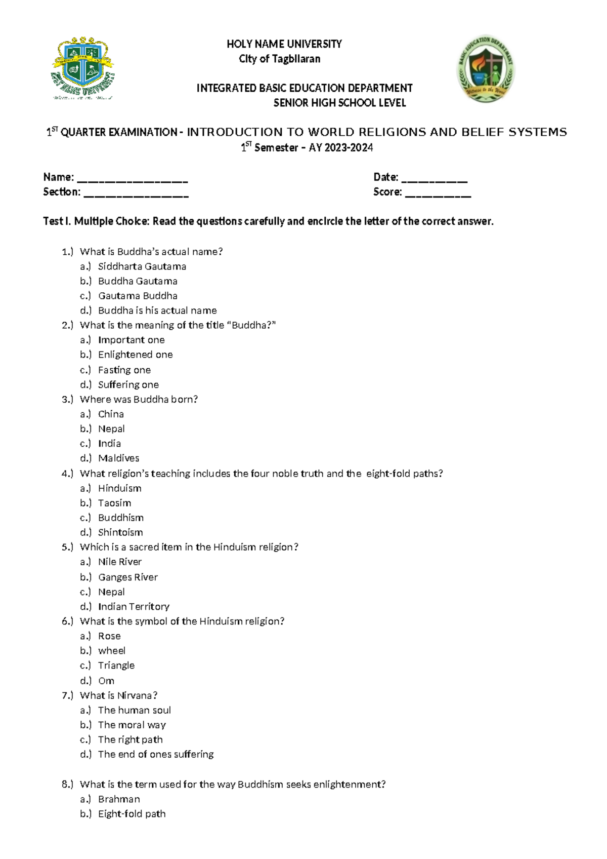 final exam world religion - HOLY NAME UNIVERSITY City of Tagbilaran ...