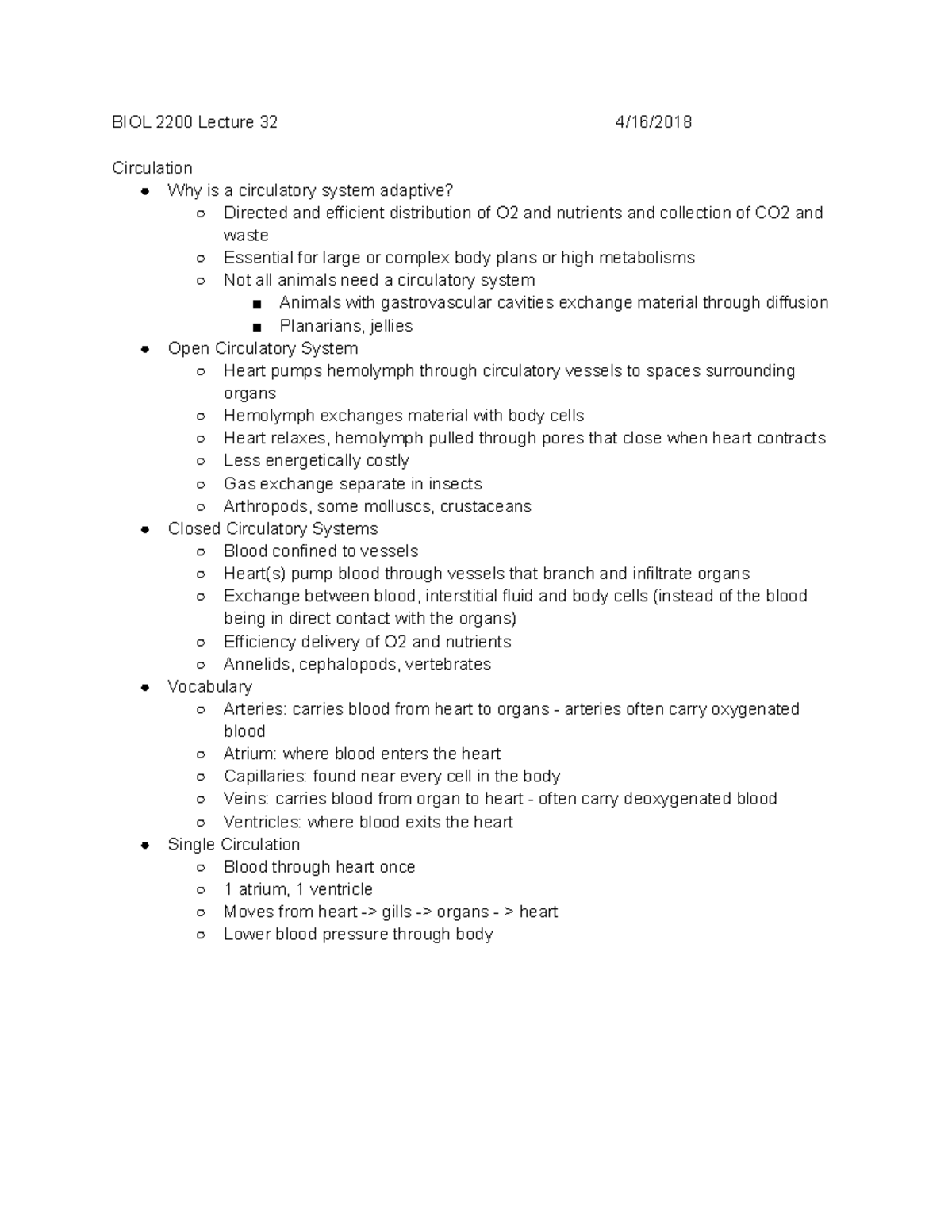 Circulation I Lecture - BIOL 2200 Lecture 32 4/16/2018 Circulation Why ...