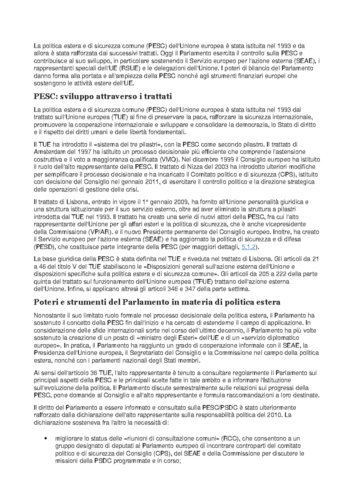 La PESC nel Diritto dell'Unione Europea - La politica estera e di ...