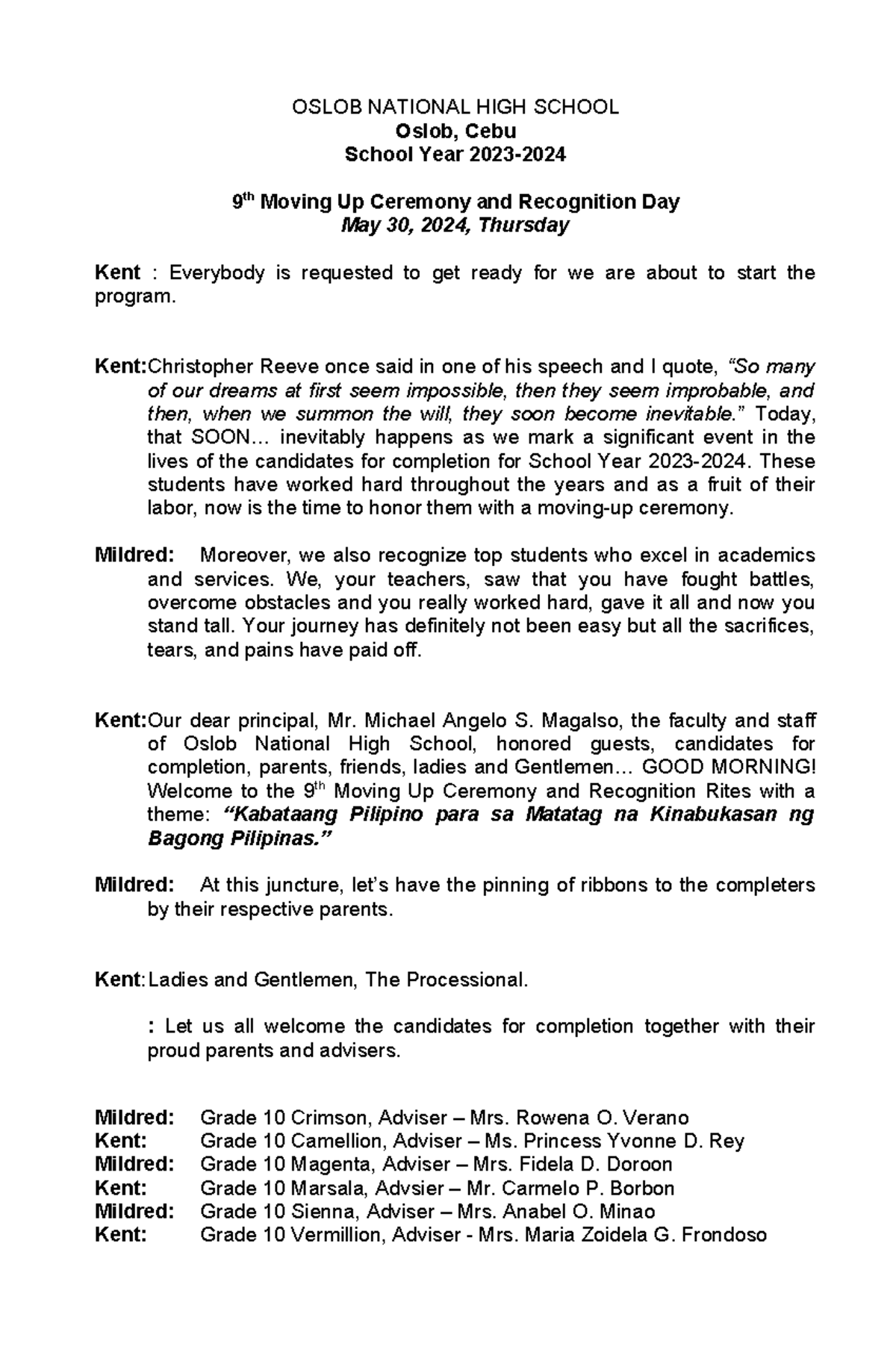 Script-ONHS-Final-Moving-Up-2023 - OSLOB NATIONAL HIGH SCHOOL Oslob, Cebu School Year 2023- 9 th ...