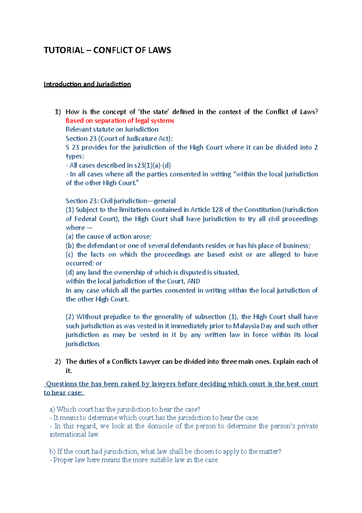 First and Second Tutorial Questions - TUTORIAL – CONFLICT OF LAWS Introduction and Jurisdiction ...