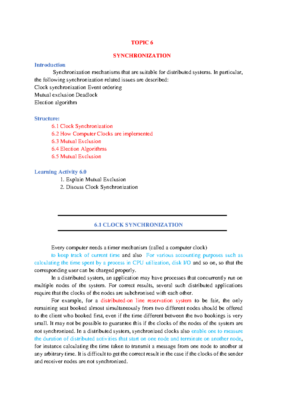 Lecture 6 - Synchronization - TOPIC 6 SYNCHRONIZATION Introduction Synchronization mechanisms ...