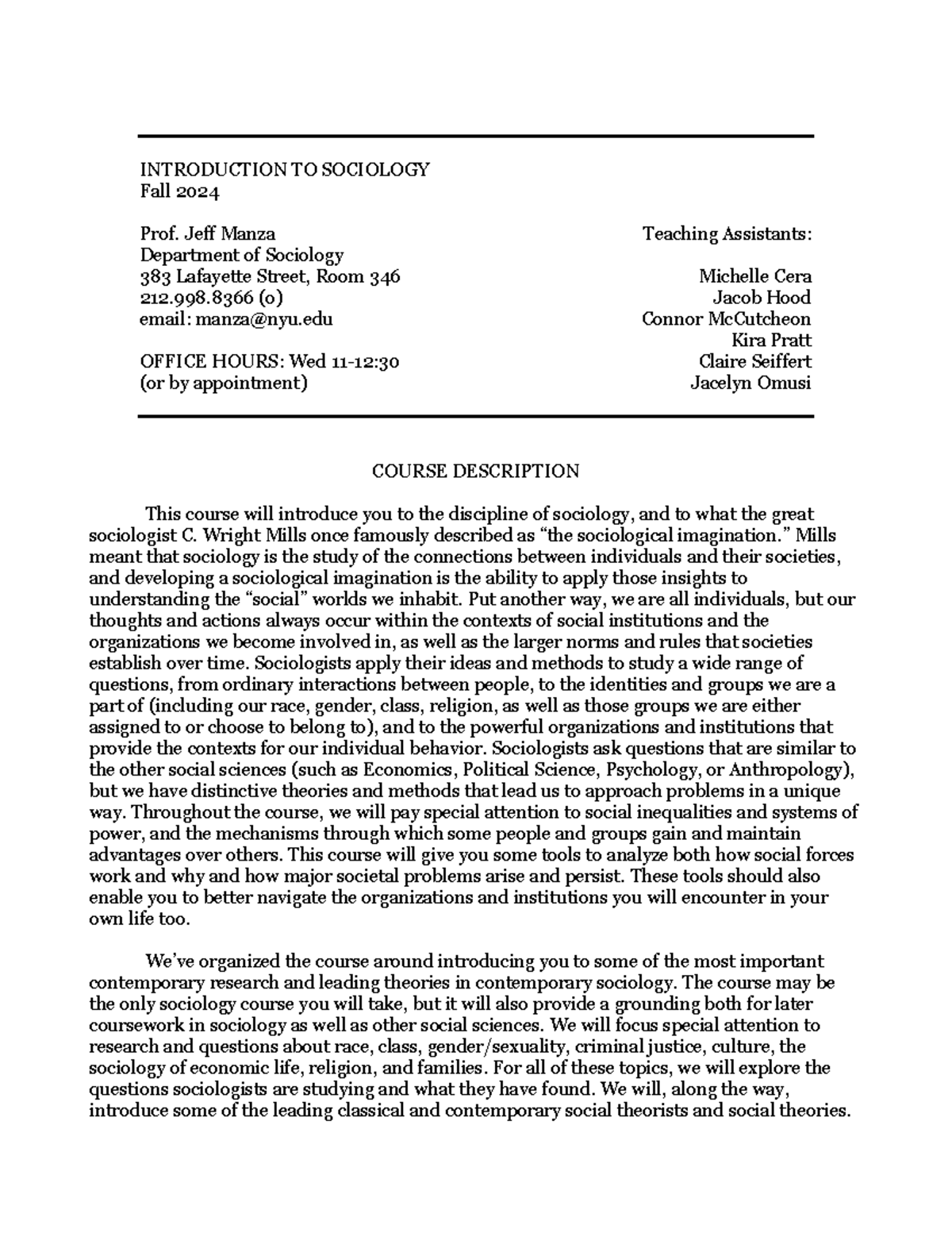 2024 Syllabus 5 - INTRODUCTION TO SOCIOLOGY Fall 2024 Prof. Jeff Manza ...