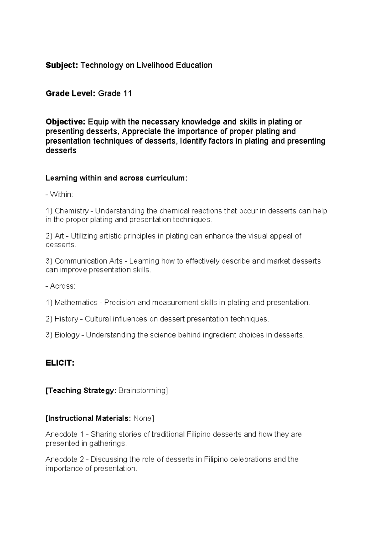 Lesson plan - Plating/ Presenting Desserts - Subject: Technology on ...