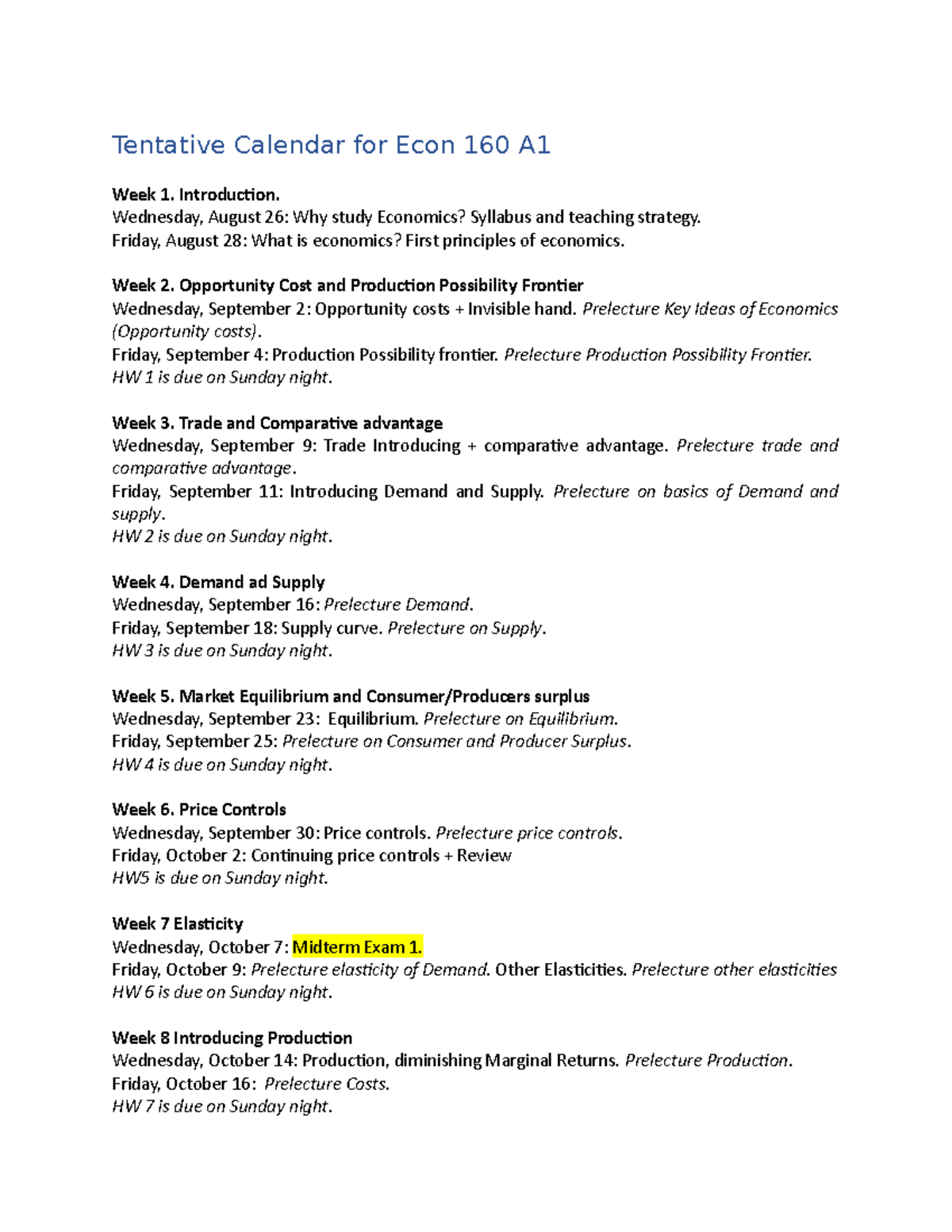 Tentatiive Calendar A1(1) - Tentative Calendar for Econ 160 A Week 1 ...