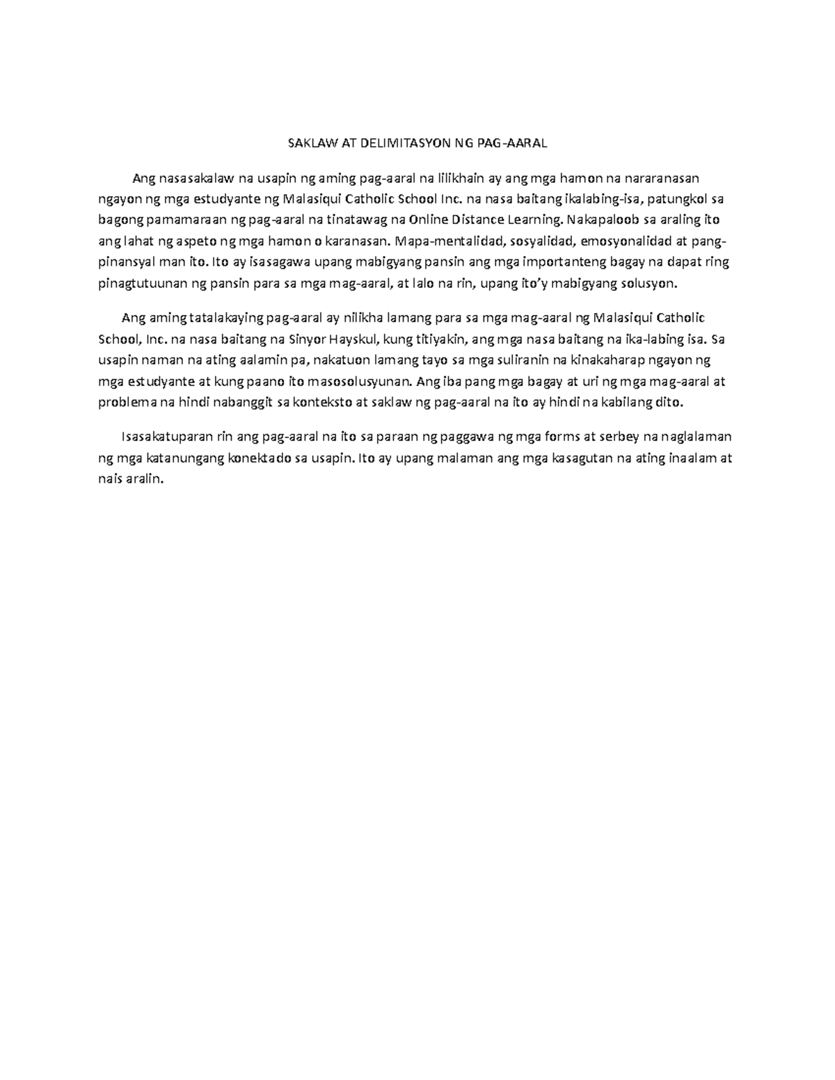 Saklaw AT Delimitasyon WPS Office - SAKLAW AT DELIMITASYON NG PAG-AARAL ...