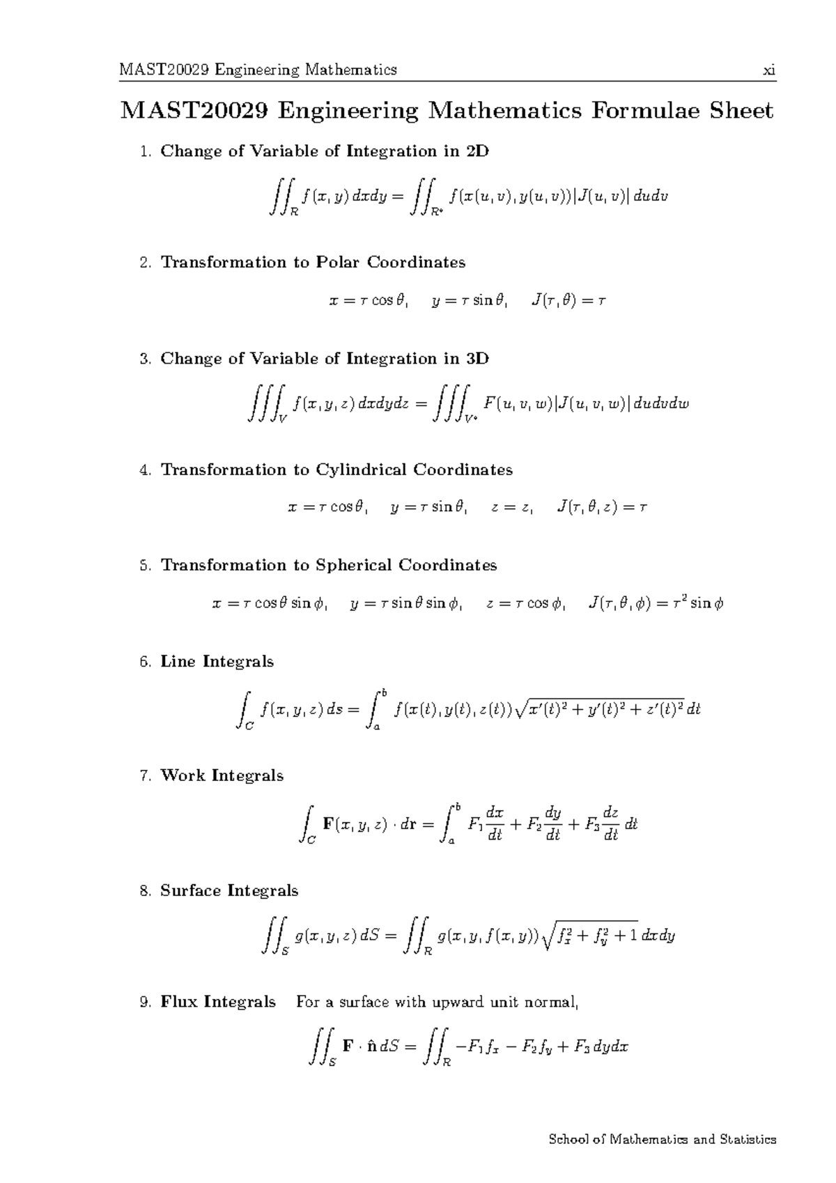 formula sheet// - MAST20029 Engineering Mathematics xi MAST20029 ...