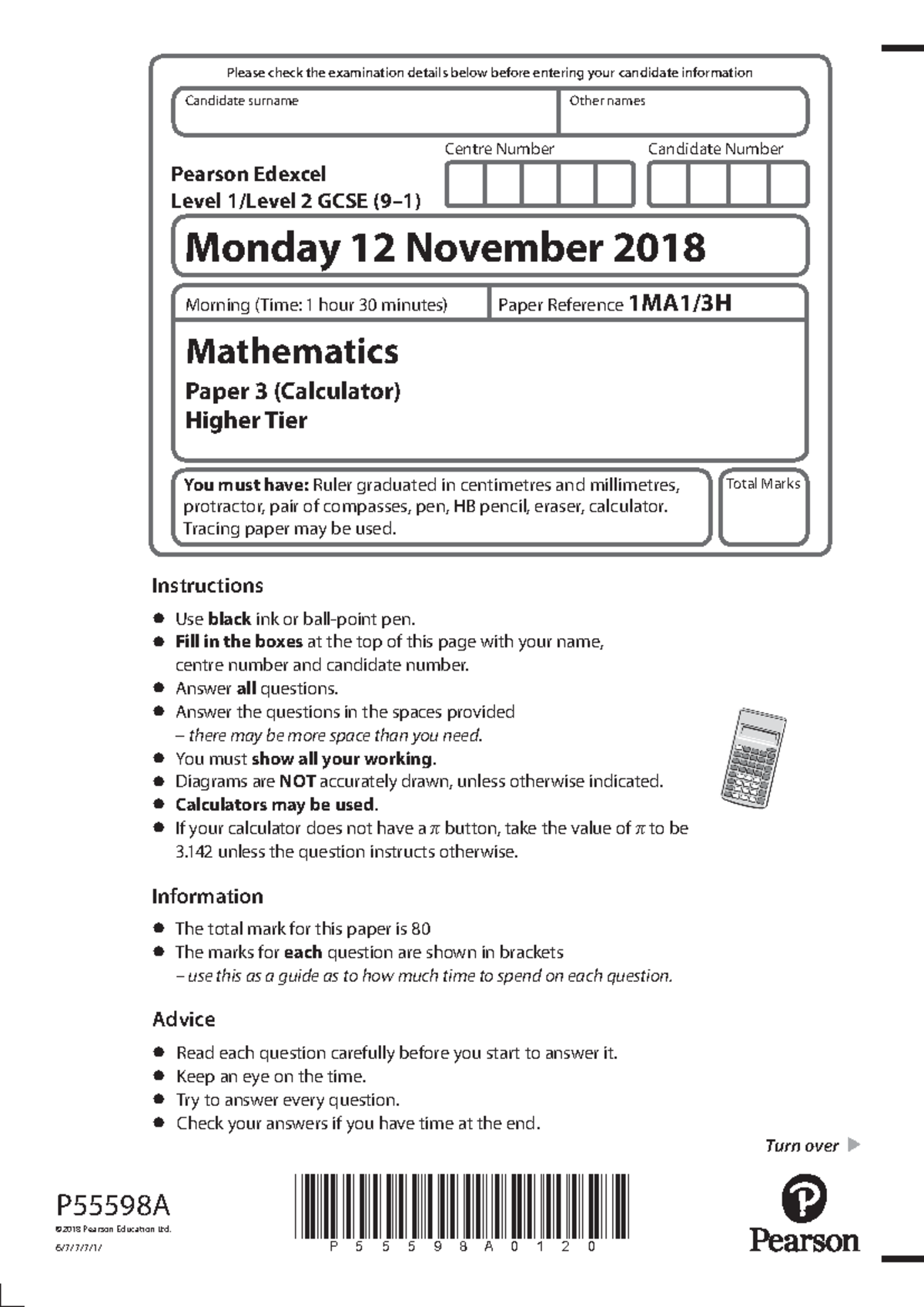 11a 1MA1 3H November 2018 (pdf) - P55598A©2018 Pearson Education Ltd. 6 ...
