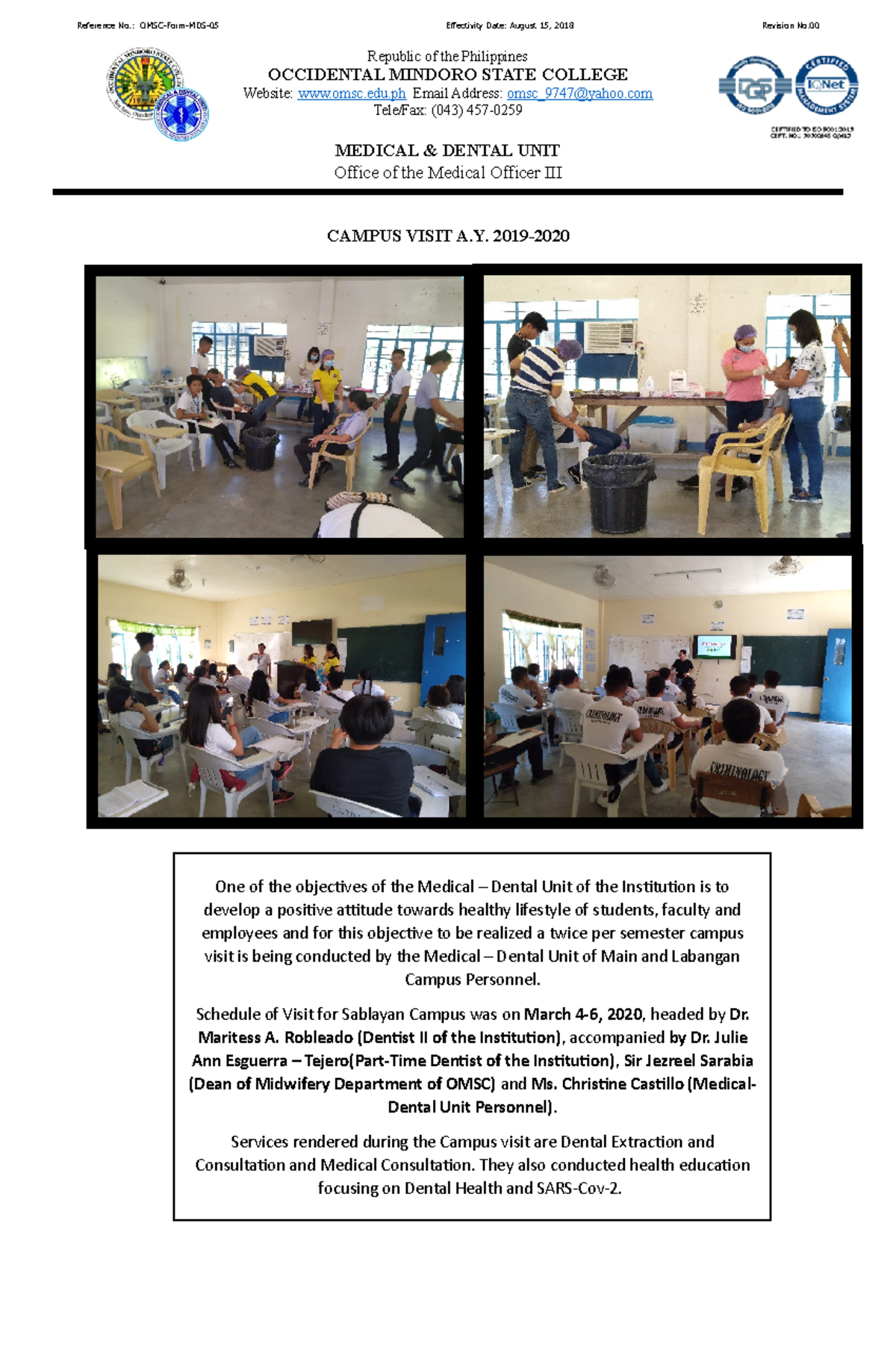 Campus Visit Documentation for Academic Year 2019 - 2020 - Management ...