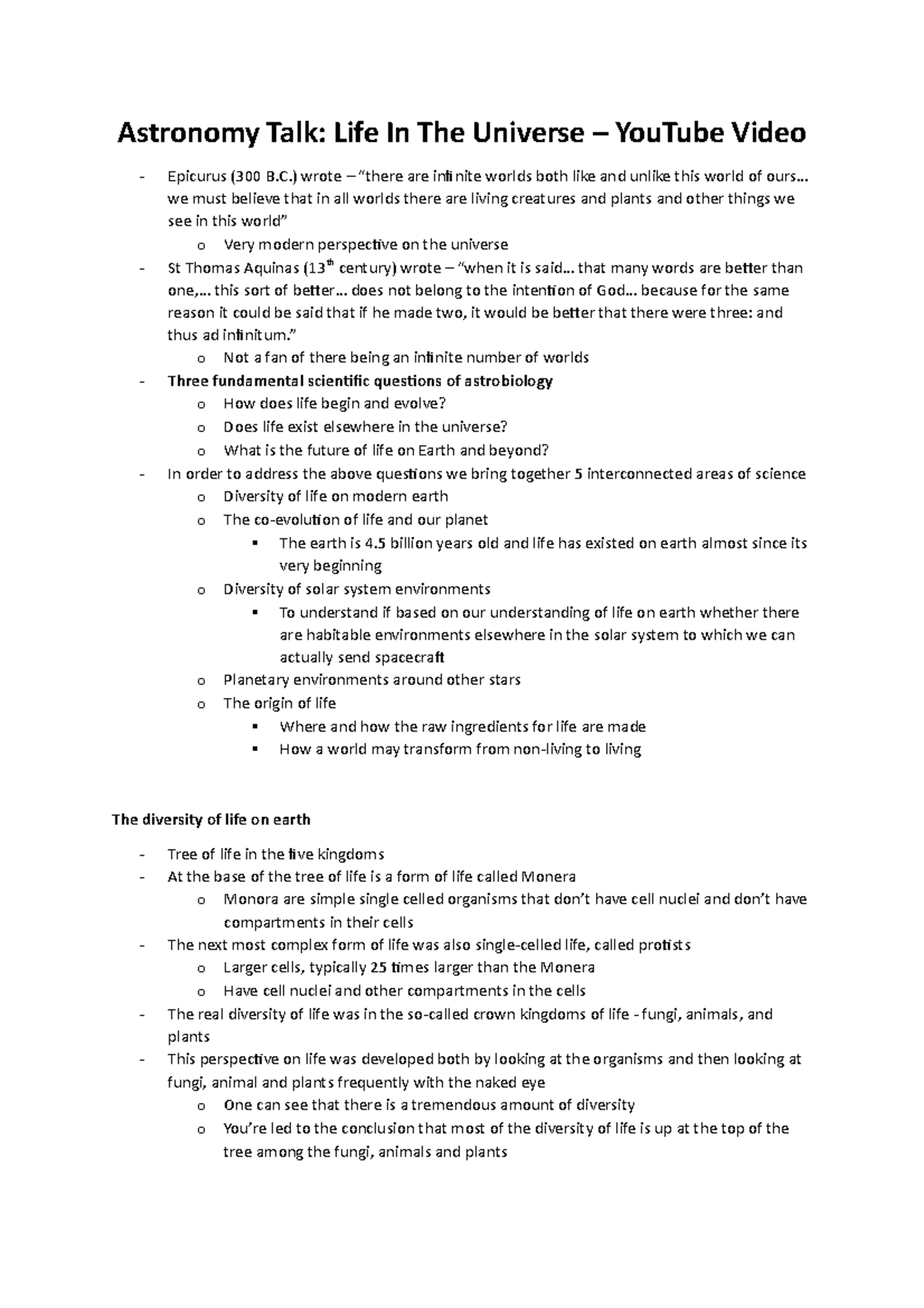 BEES2741 Notes - Astronomy Talk: Life In The Universe – YouTube Video ...