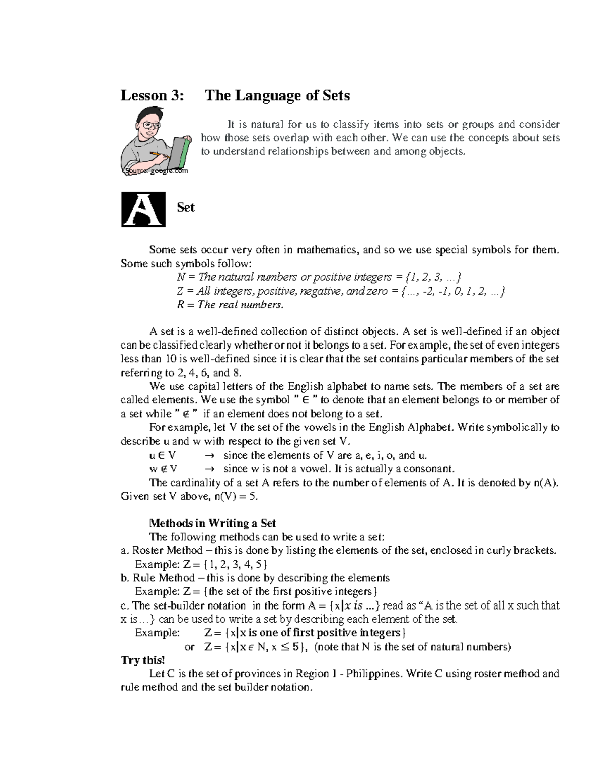 Lesson-3 - math - Lesson 3 : The Language of Sets It is natural for us ...