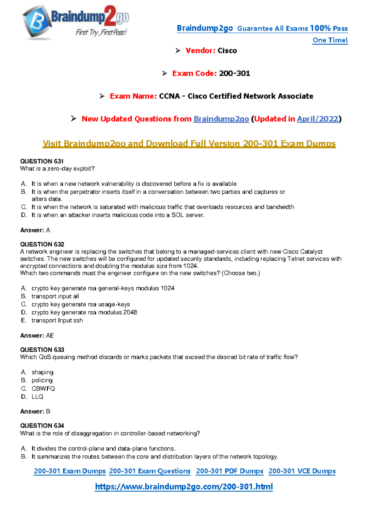 [April-2022]New Braindump 2go 200-301 PDF and 200-301 VCE Dumps(631-653 ...