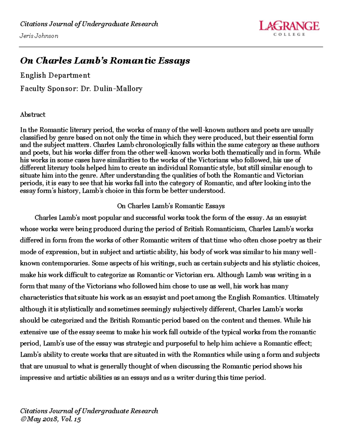 18Johnson J 2018 Citations On Charles Lambs Romantic Essays - Jeris ...