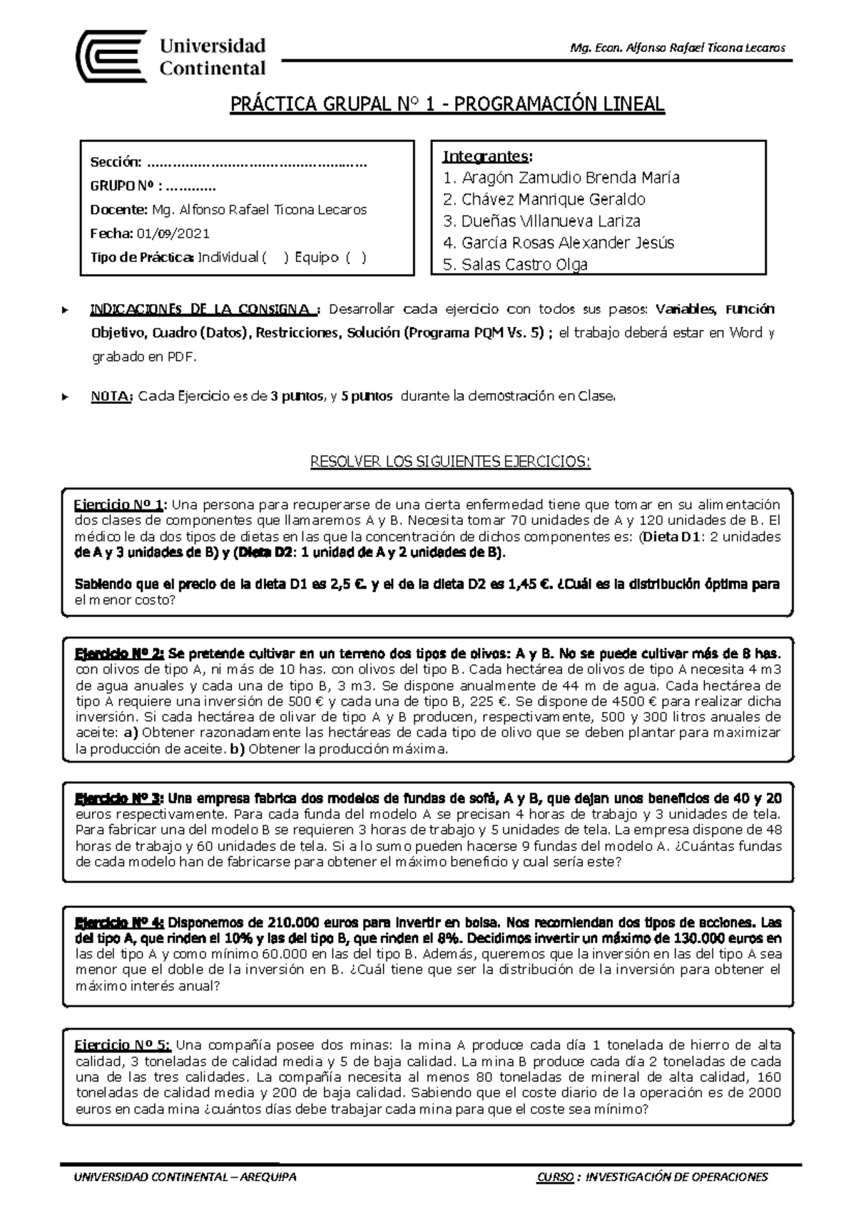 Práctica Grupal Nº 1 - Programación Lineal - Mg. Econ. Alfonso Rafael Ticona Lecaros PRÁCTICA ...