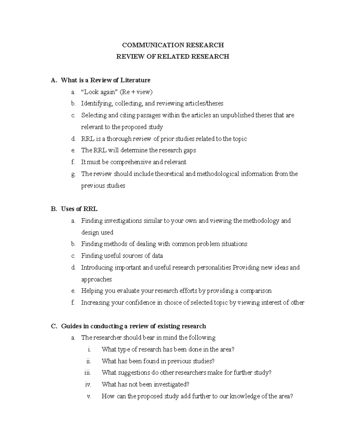 Communication Research RRL Class Notes - COMMUNICATION RESEARCH REVIEW ...