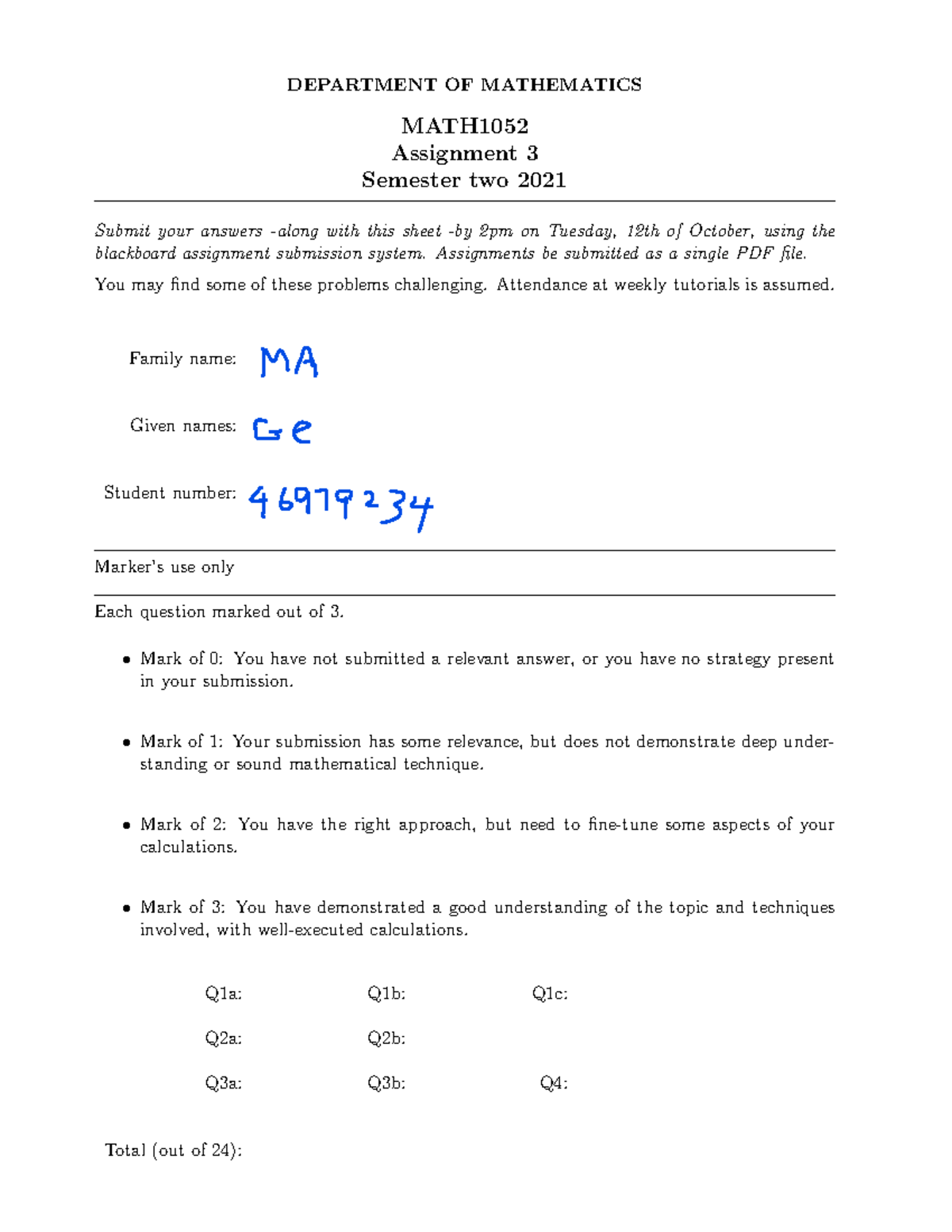 Ass3 2021 (Updated) - assignment 3 - DEPARTMENT OF MATHEMATICS MATH Assignment 3 Semester two ...