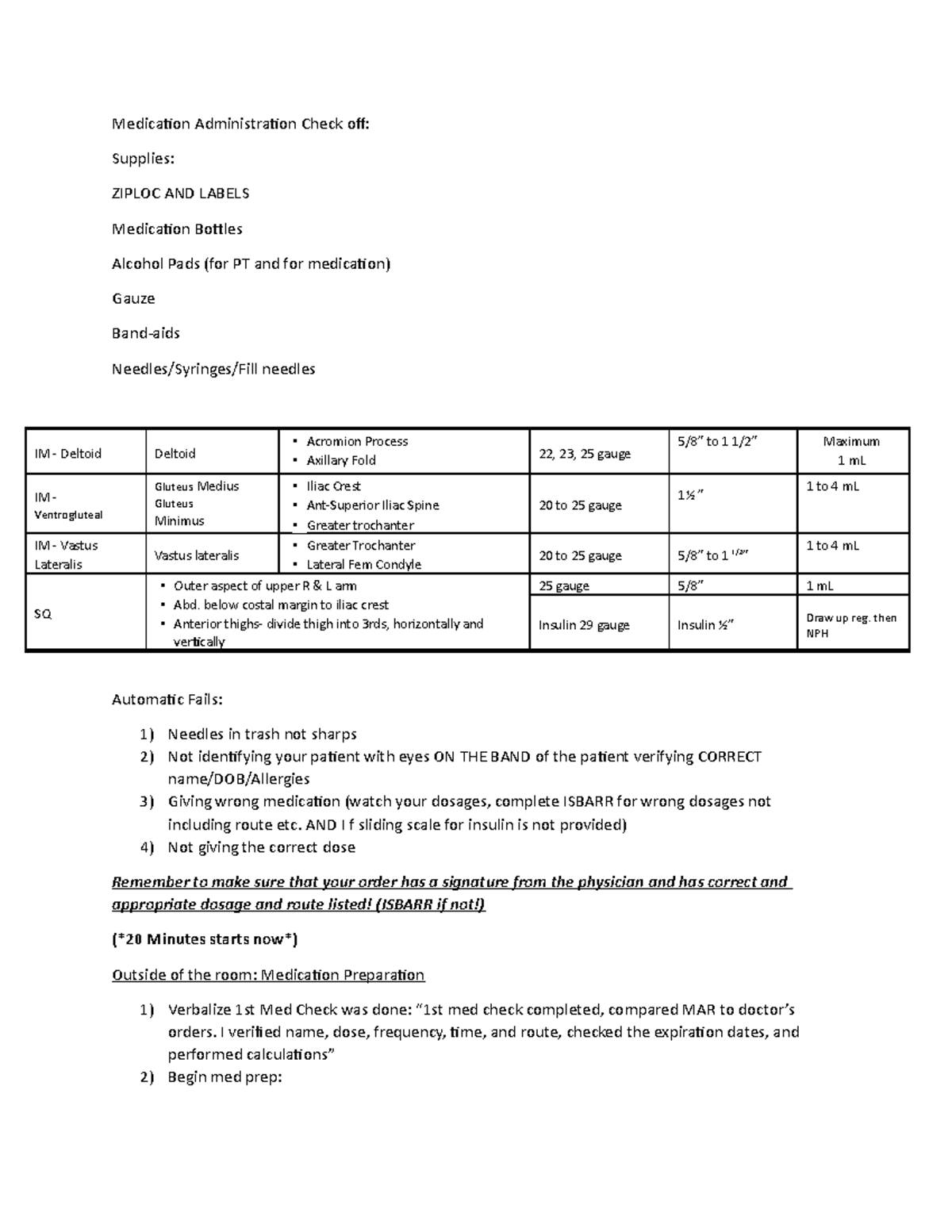 Check OFF 2 Outline - Medication Administration Check off: Supplies ...