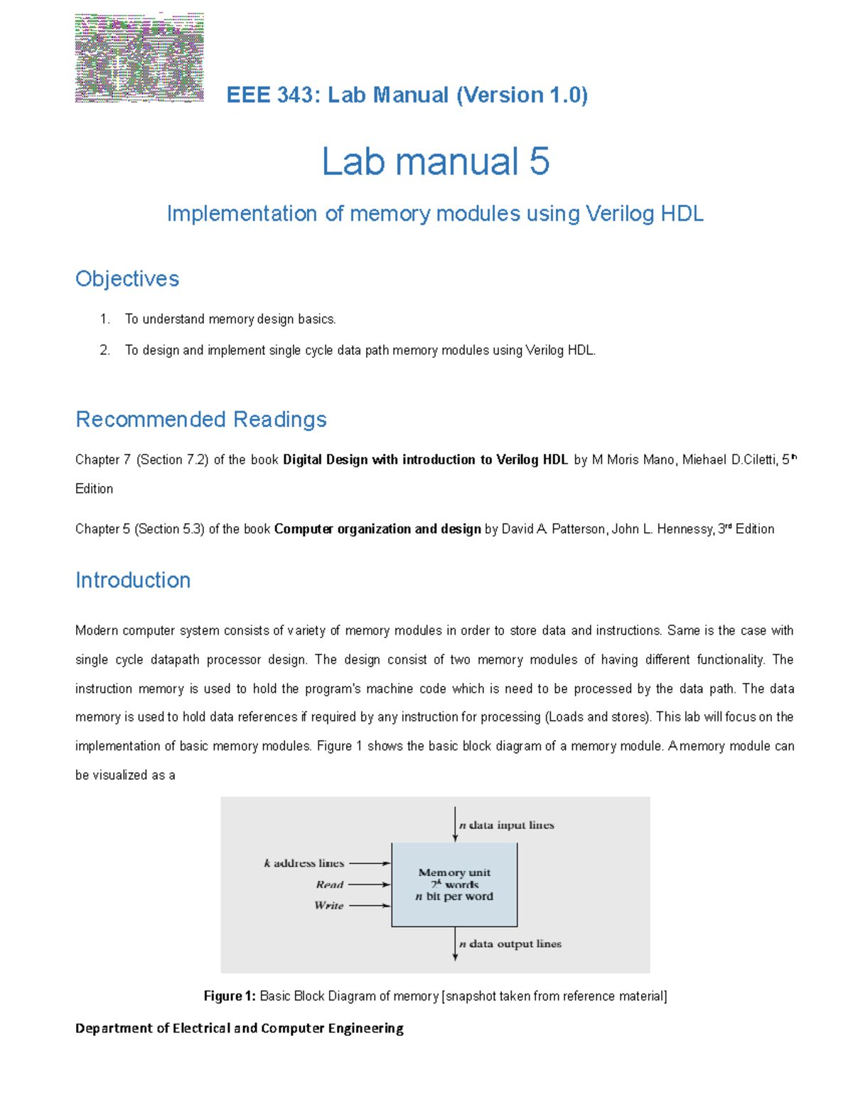 Lab manual 5 - To understand memory design basics. 2. To design and ...
