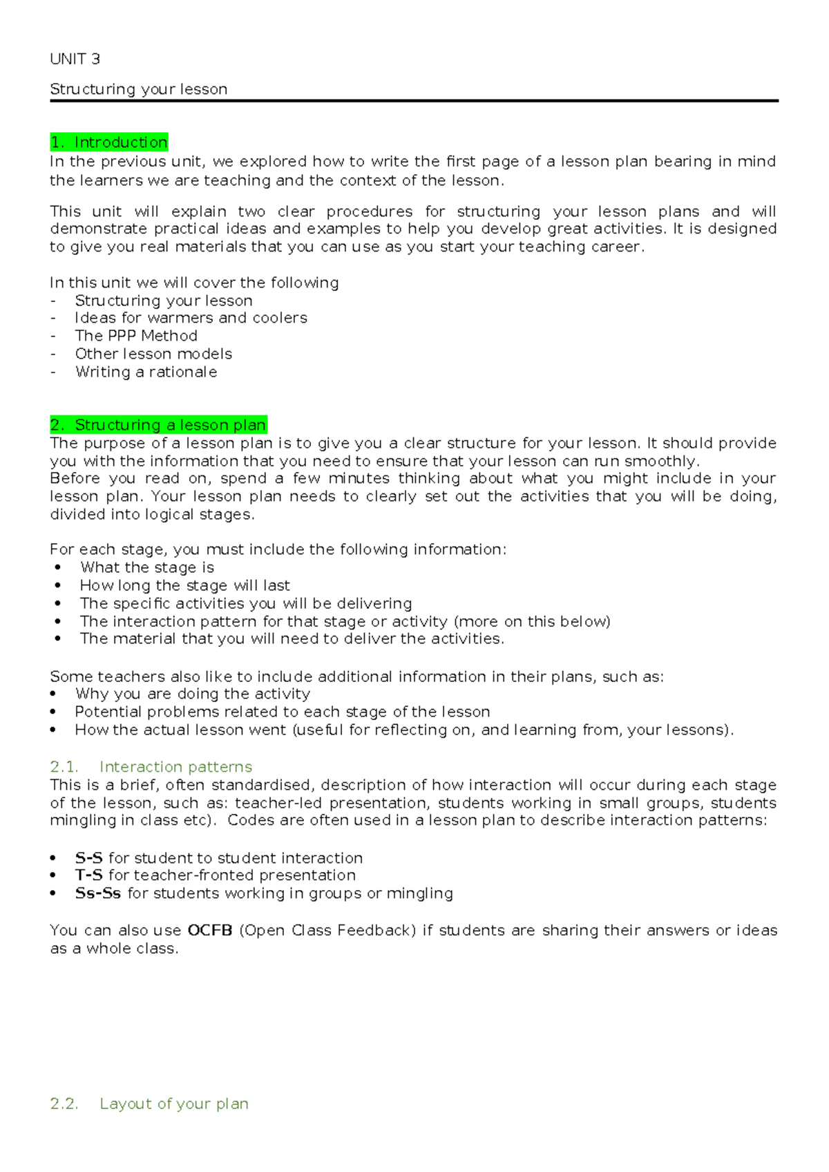 Unit 3 - summary - UNIT 3 Structuring your lesson 1. Introduction In the previous unit, we ...