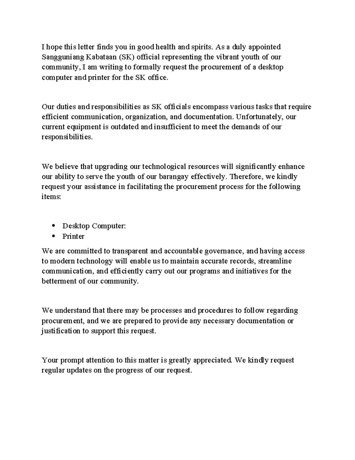 Request Letter FOR Desktop AND Printer - I hope this letter finds you ...