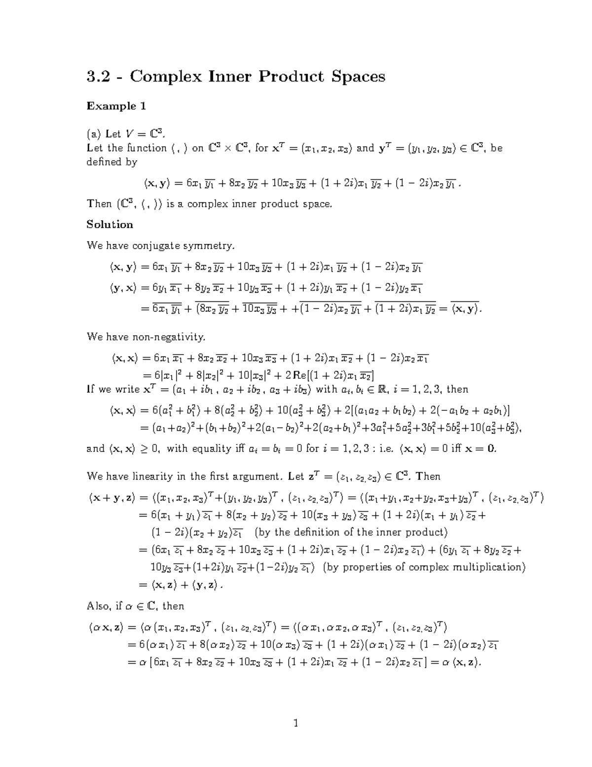 CH 3 - Ch 3 - 3 - Complex Inner Product Spaces Example 1 (a) Let V = C ...