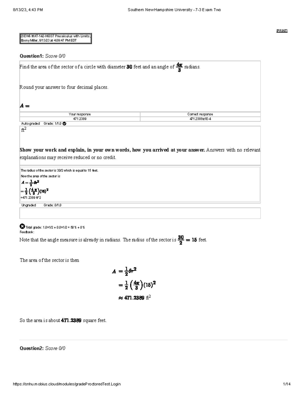Southern New Hampshire University - 7-3 Exam Two - [PRINT] 23EW6 MAT-142-H6337 Precalculus with ...
