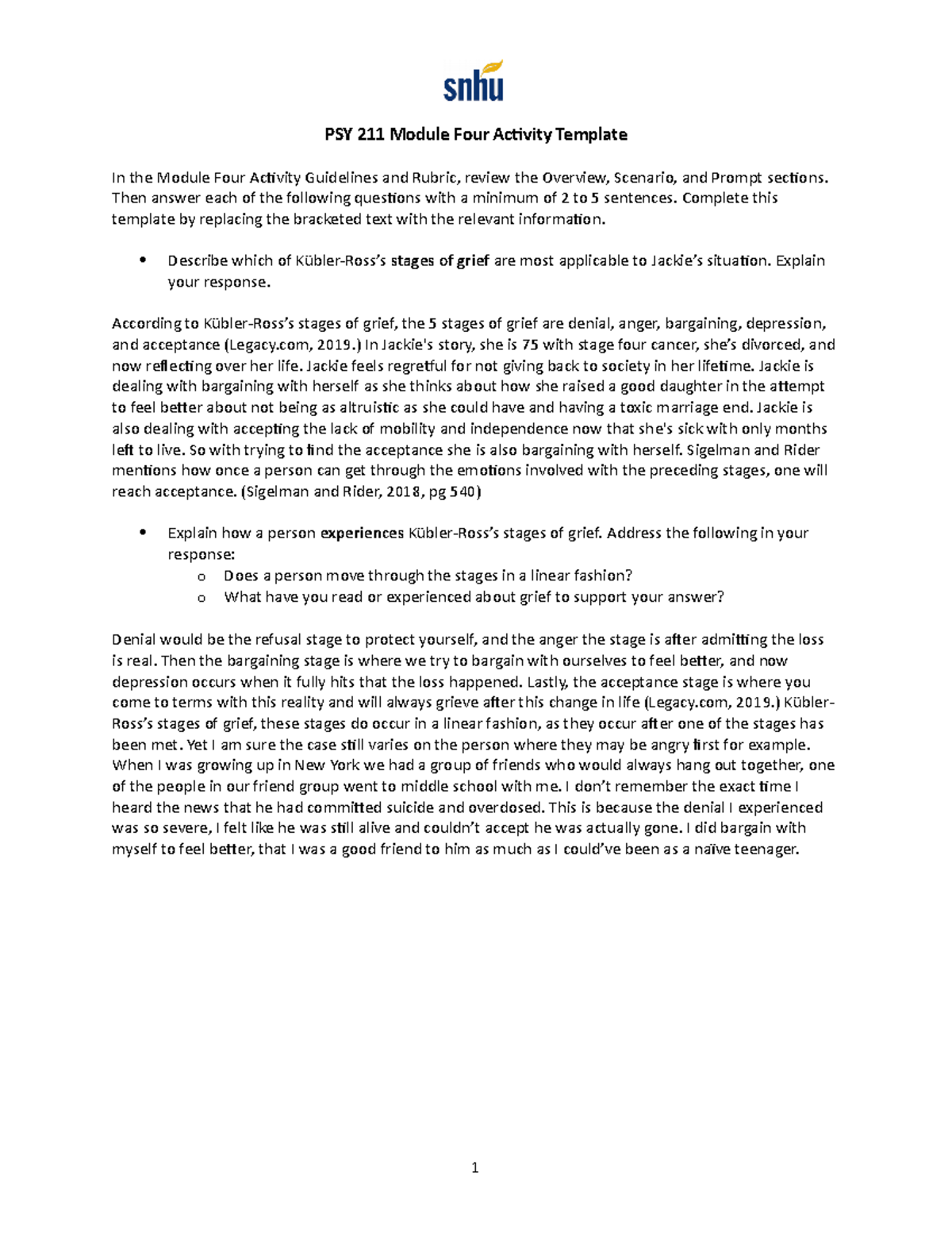 PSY 211 Module Four Activity Template - Then answer each of the ...