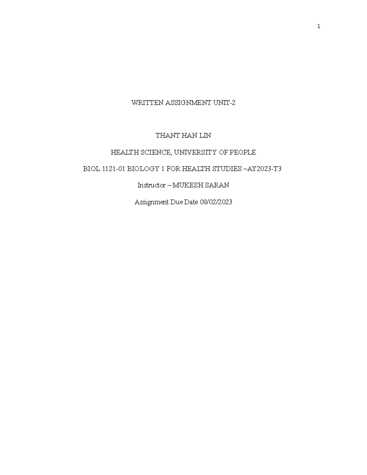 THL Written Assignment Unit 2 - WRITTEN ASSIGNMENT UNIT- THANT HAN LIN ...