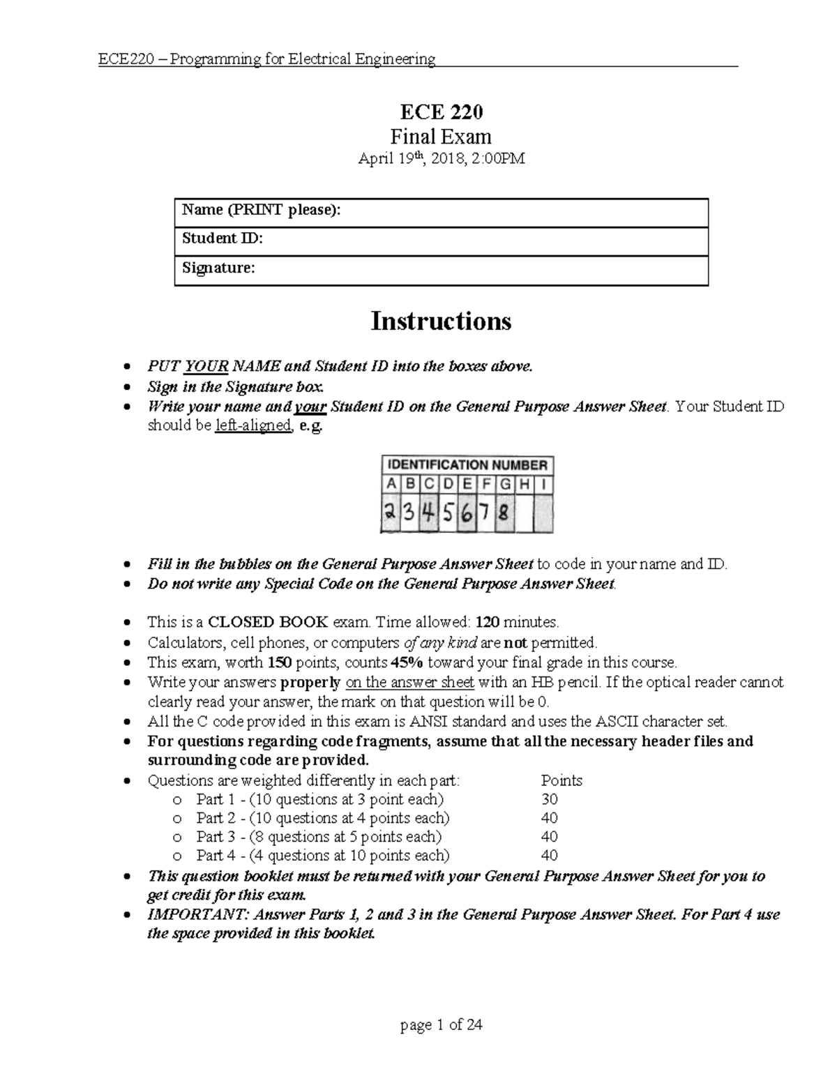 Final 19 February 2018, questions and answers - ECE 220 Final Exam ...