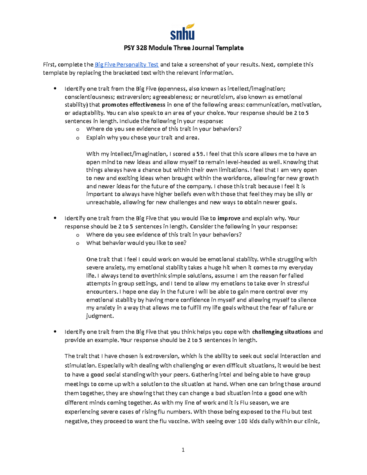 PSY 328 Module Three Journal - Next, complete this template by replacing the bracketed text with ...