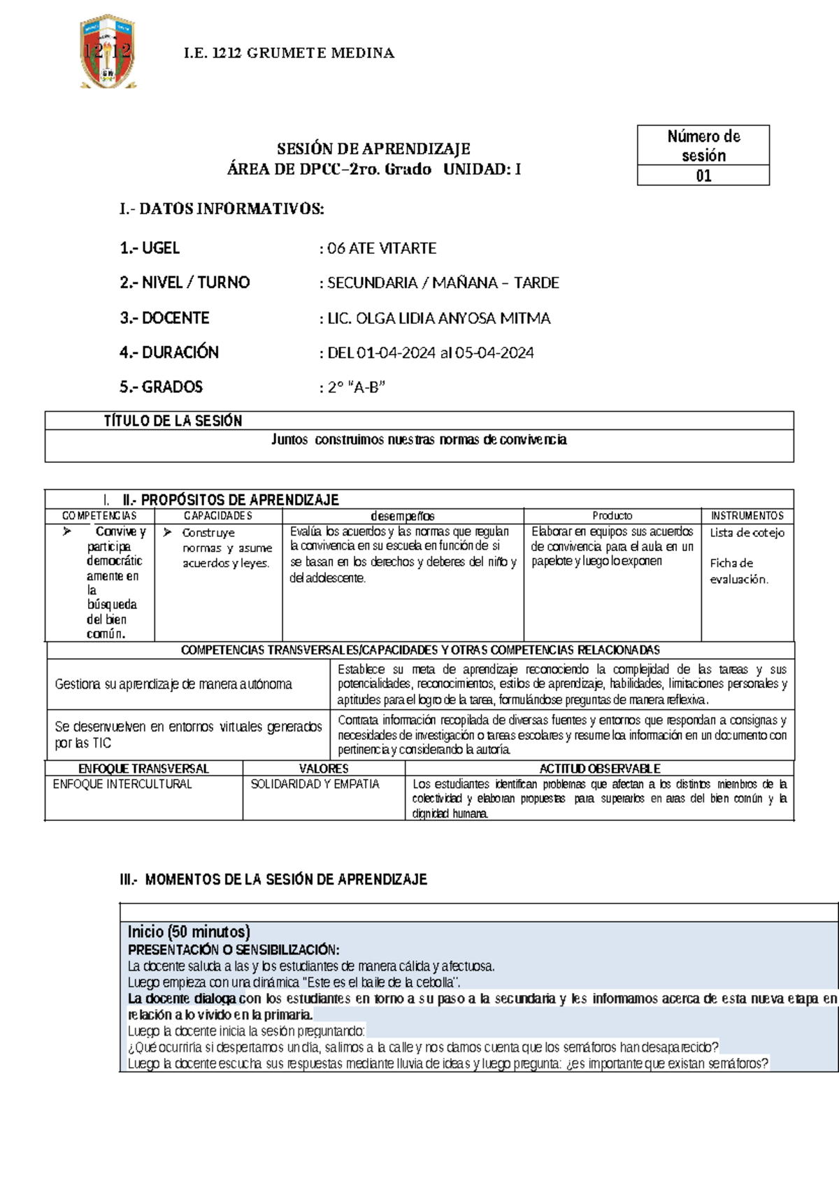 Sesión DPCC Nº 1-I Unidad - I. 1212 GRUMETE MEDINA SESIÓN DE APRENDIZAJE ÁREA DE DPCC– 2 ro ...