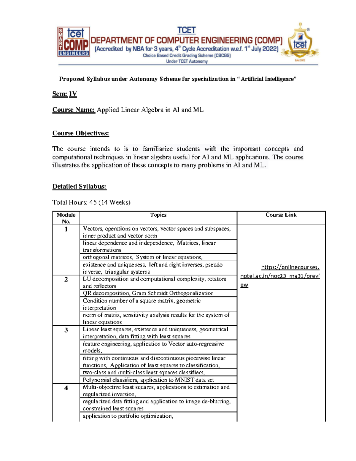 Sem IV syllabus Applied Linear Algebra in AI and ML - Proposed Syllabus ...