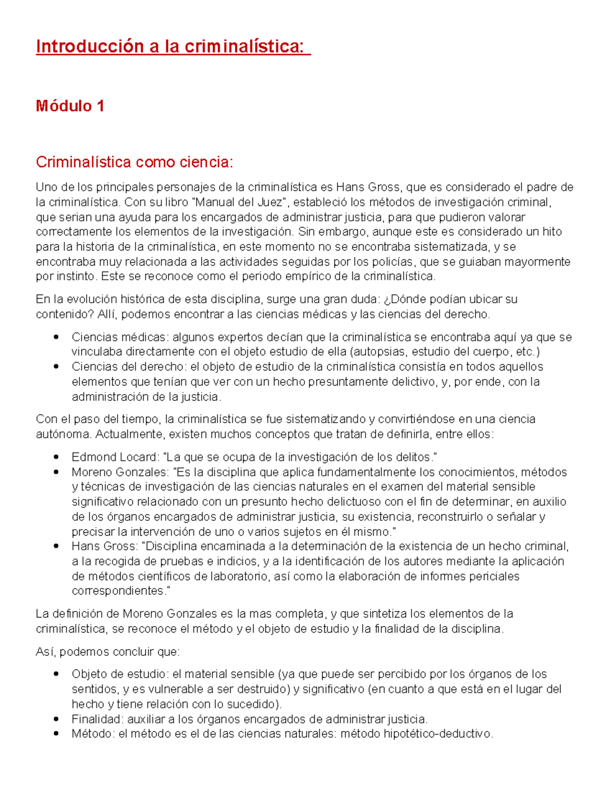 Resúmen Intro a la Criminalística M1, M2, M3, M4 - Introducción a la criminalística: Módulo 1 ...