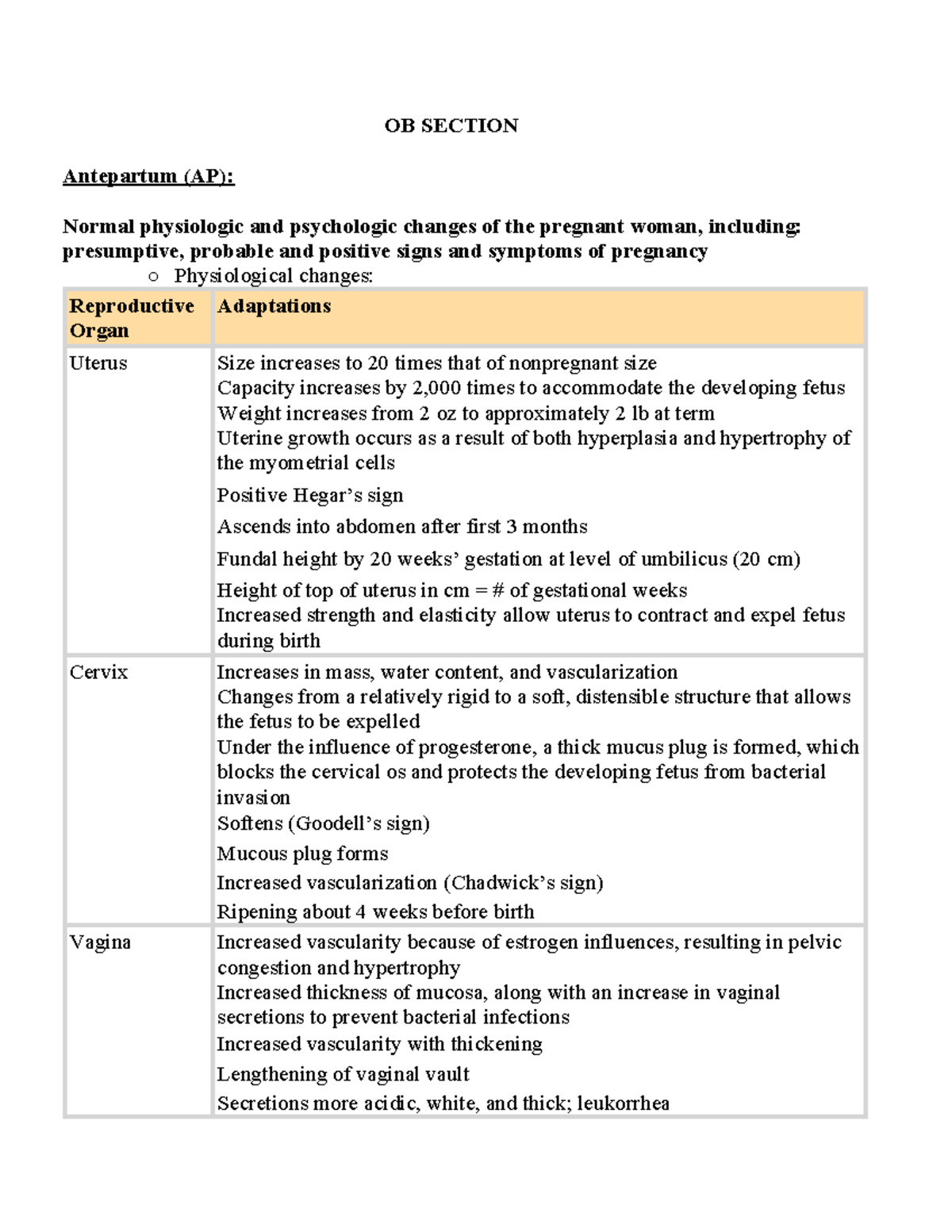 OB-PEDS EXAM 1 - Ob pediatric - OB SECTION Antepartum (AP): Normal ...