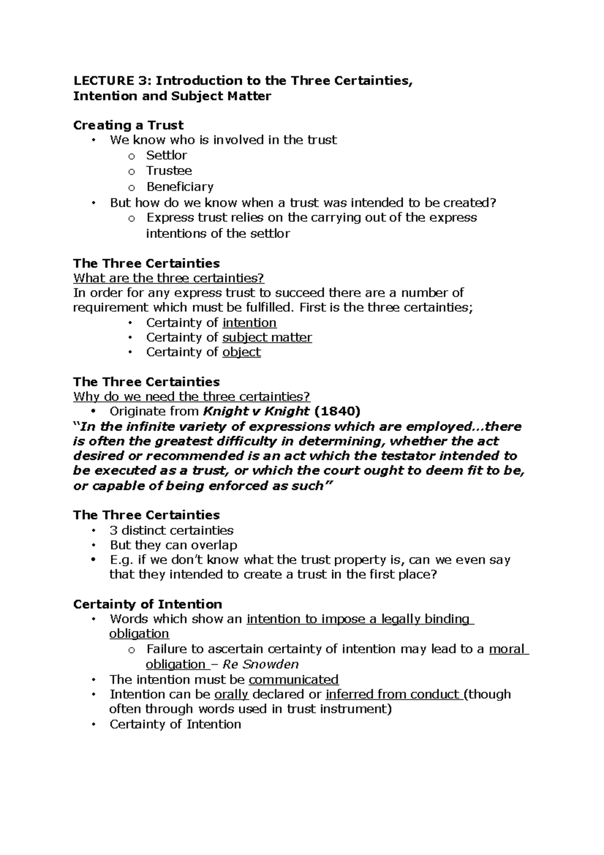 Lecture 3 - LECTURE 3: Introduction to the Three Certainties, Intention and Subject Matter ...