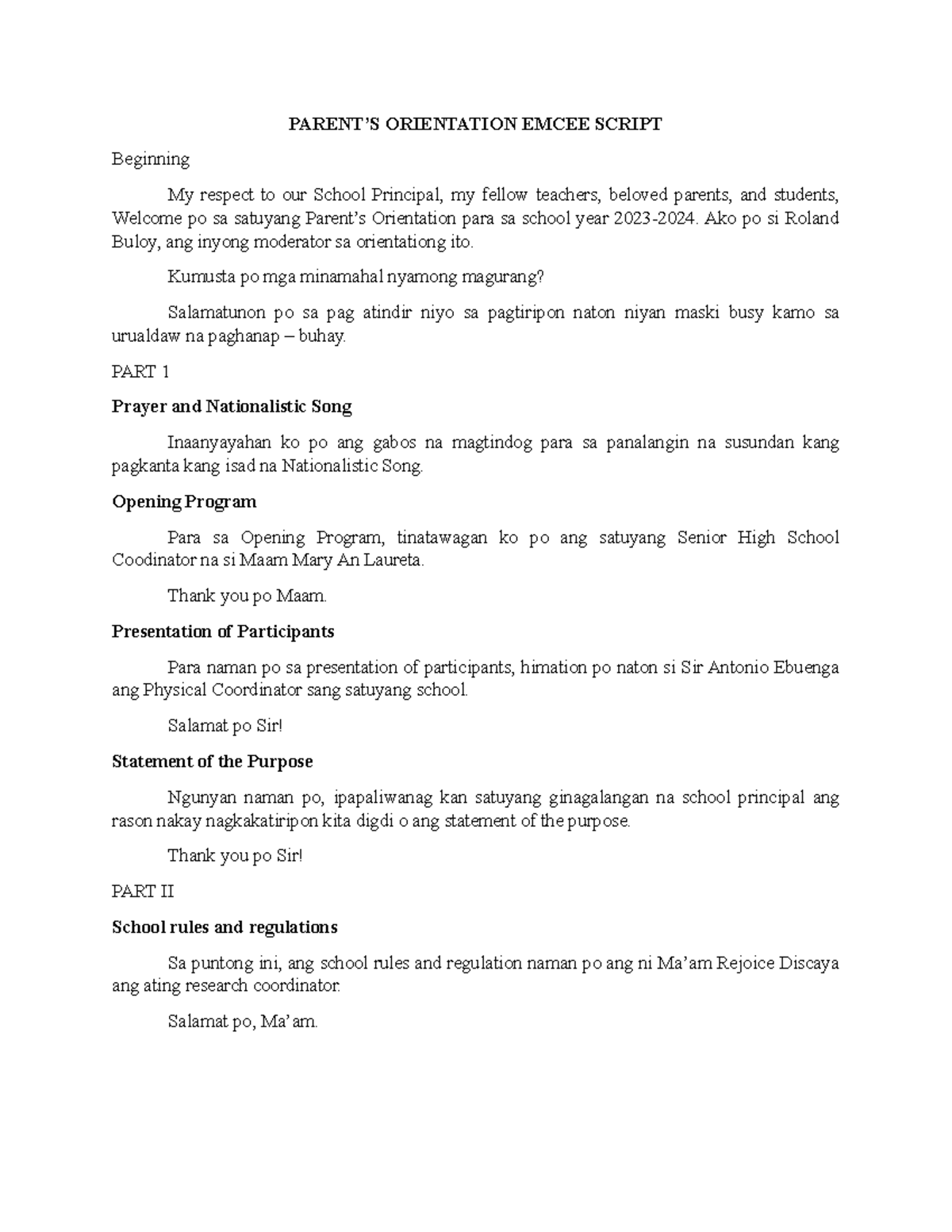 Parents' Orientation Script - PARENT’S ORIENTATION EMCEE SCRIPT ...