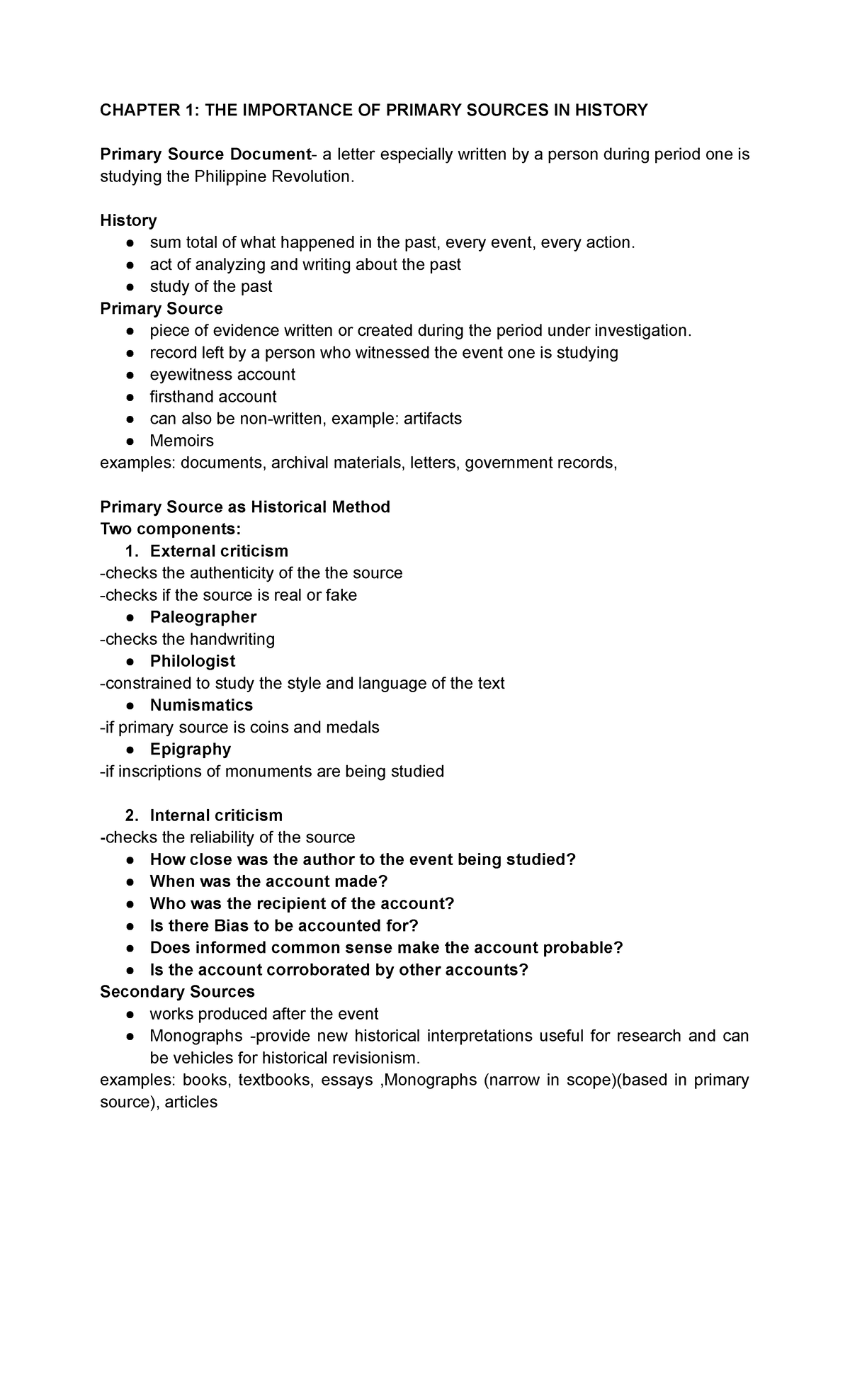 HIST 1 - HIST REVIEWER - CHAPTER 1: THE IMPORTANCE OF PRIMARY SOURCES ...
