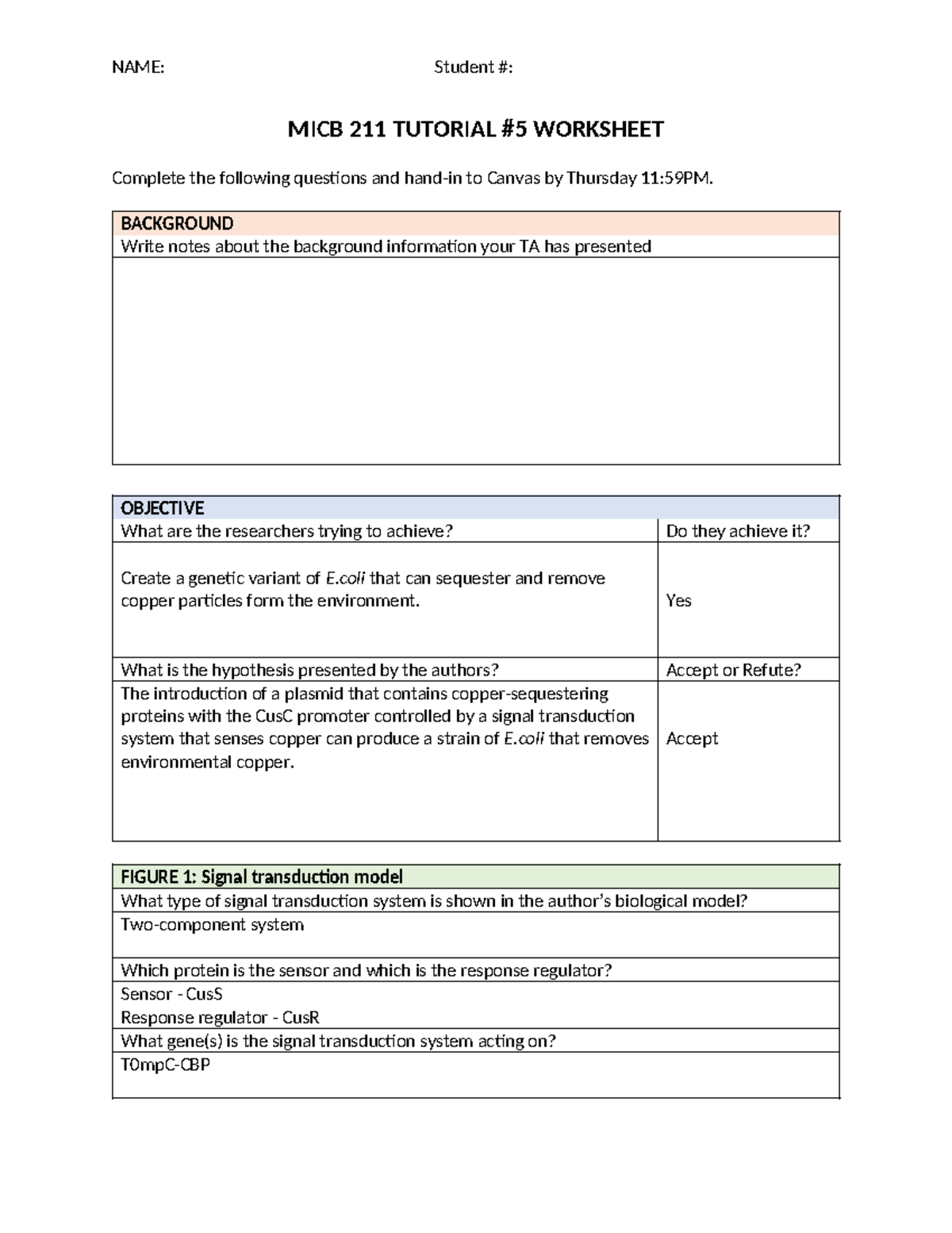 MICB211 Tutorial 5 Worksheet - NAME: Student #: MICB 211 TUTORIAL #5 ...