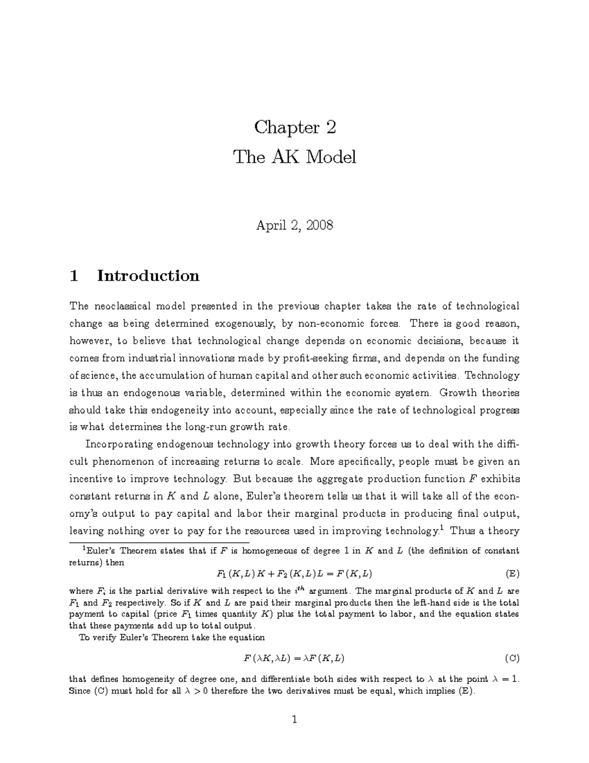 Aghion Howitt Ch2-AK - cours chap 2 - Chapter 2 The AK Model April 2, 2008 1 Introduction The ...