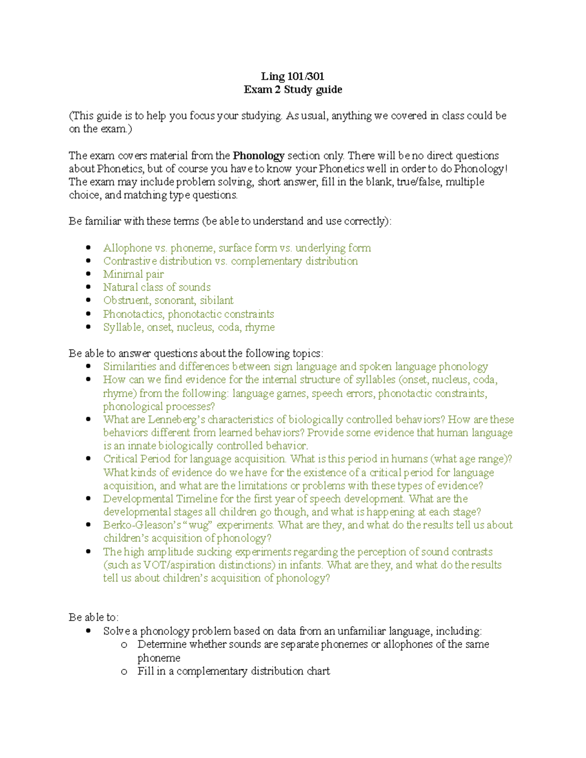 Exam 2 study guide - Ling 101/ Exam 2 Study guide (This guide is to ...