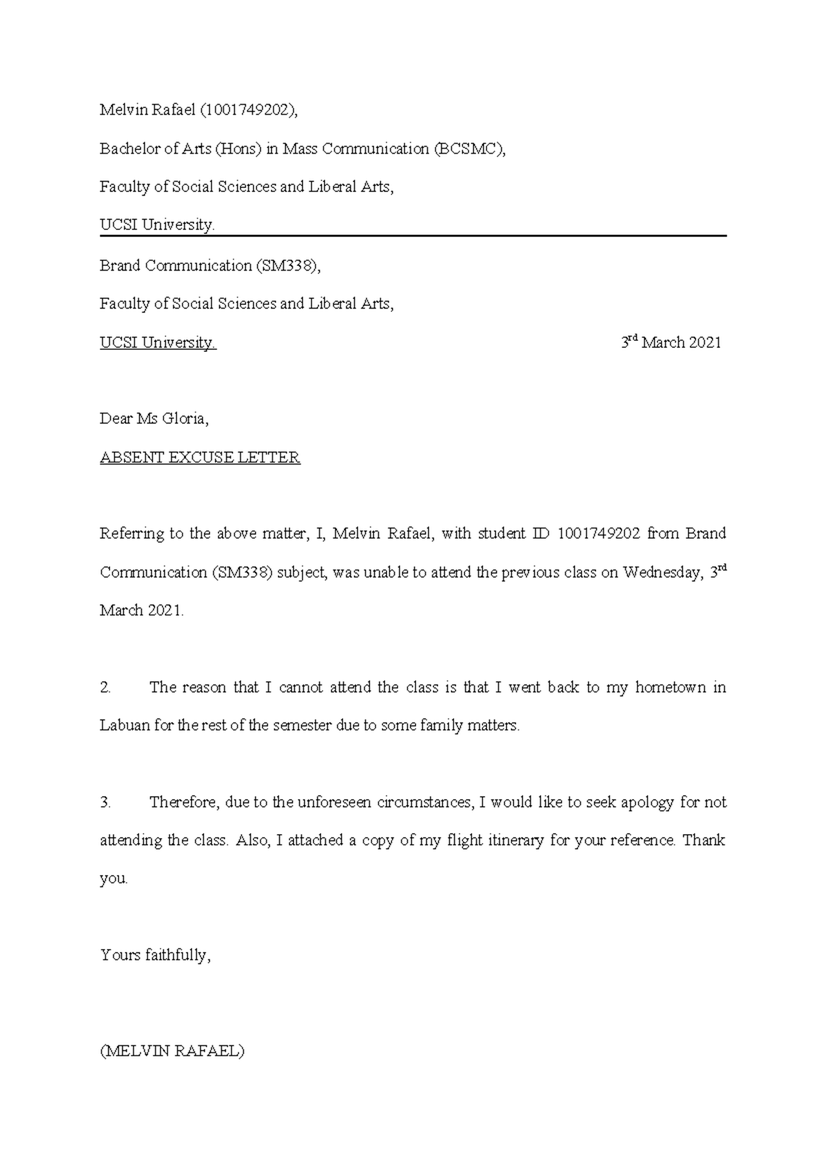 Absent Letter Sample - sgegee - Melvin Rafael (1001749202), Bachelor of ...