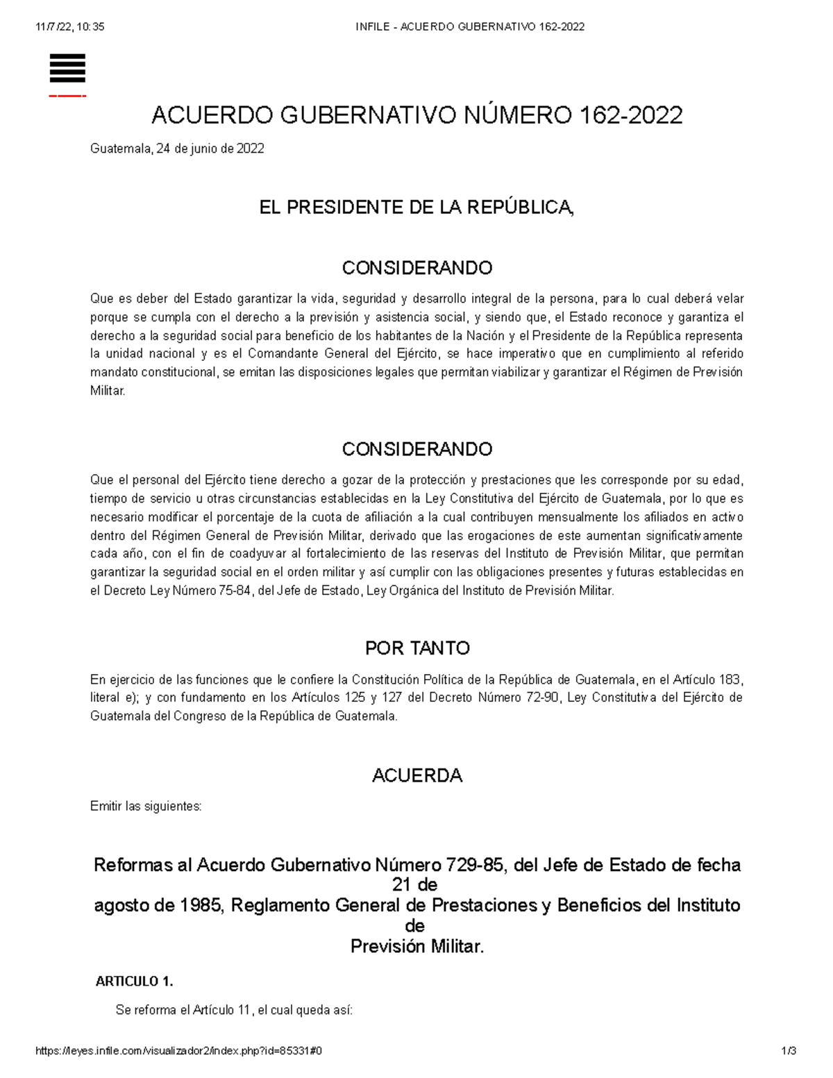Acuerdo Gubernativo 162-2022 - 11/7/22, 10:35 INFILE - ACUERDO GUBERNATIVO 162- - Studocu