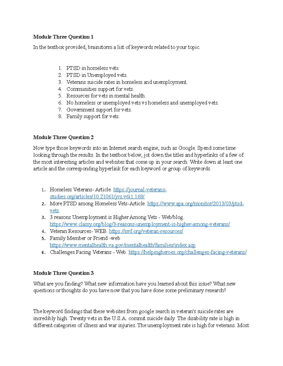 Short Answers - modules - Module Three Question 1 In the textbox provided, brainstorm a list of ...